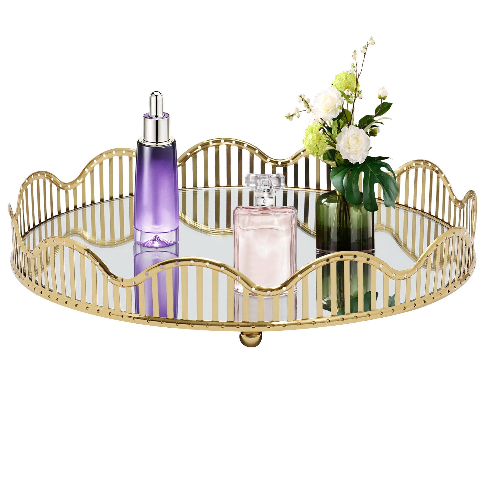 Gold Round Glass Mirror Tray Organizer Perfume Jewelry Holder Bathroom ...