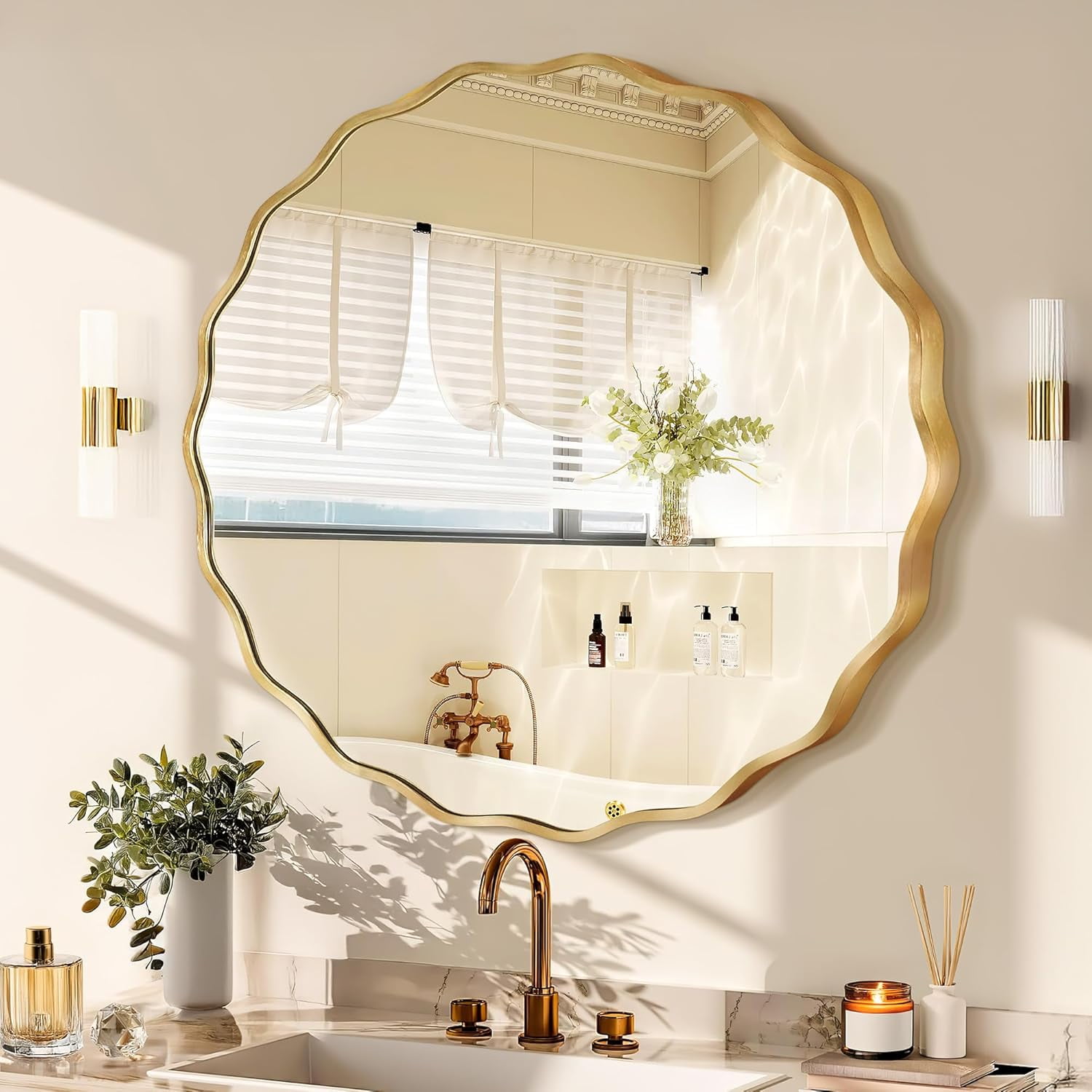 Gold Round Mirror for Wall, 24"x24" Decorative Wavy Bathroom Mirror ...