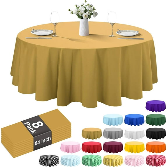 Gold Round Plastic Tablecloths - 8 PACK 84" Disposable, Fits 6 to 8 ...
