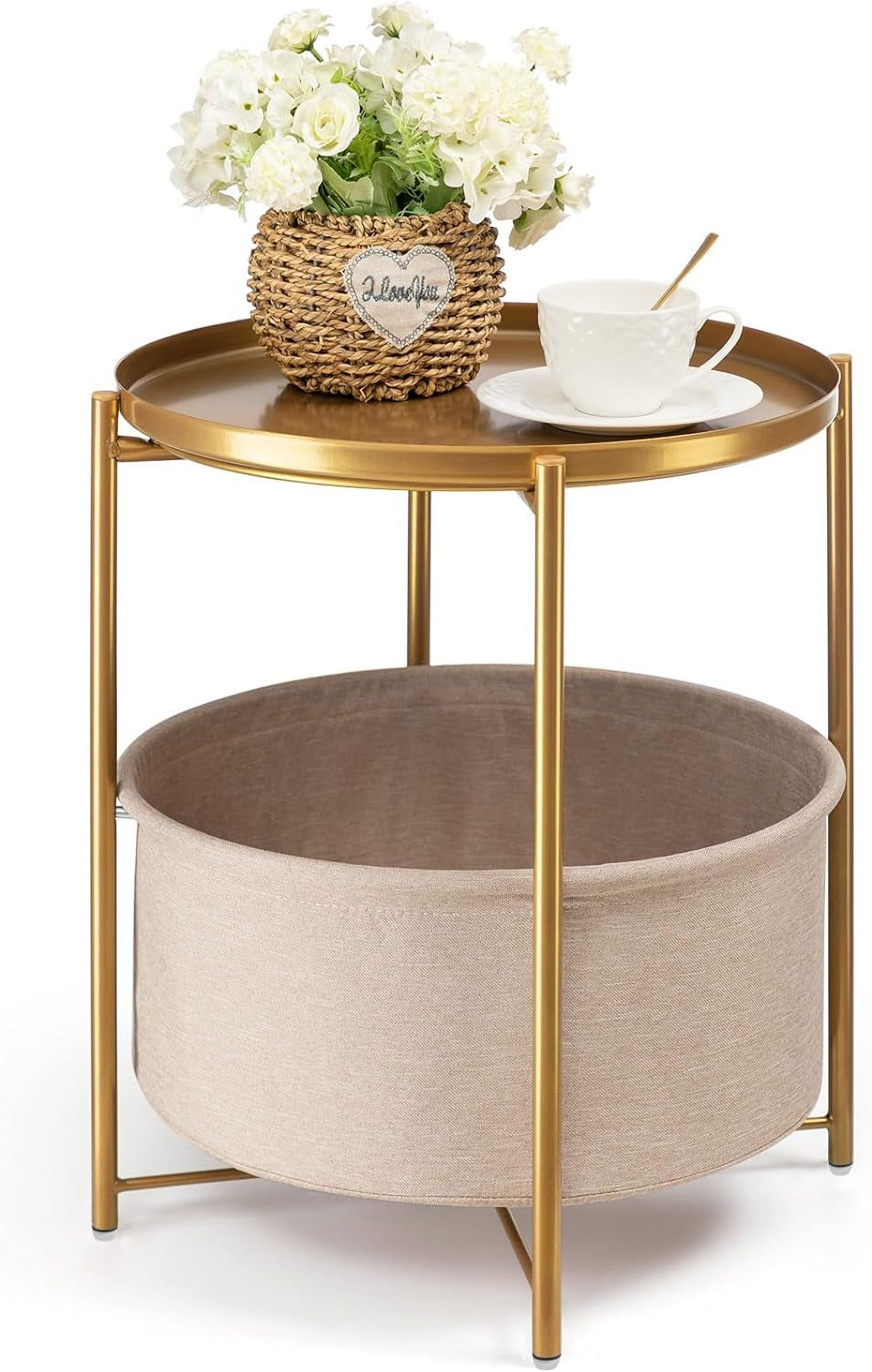 Gold Round Side Table Set of 2 with Fabric Storage Baskets - Metal ...