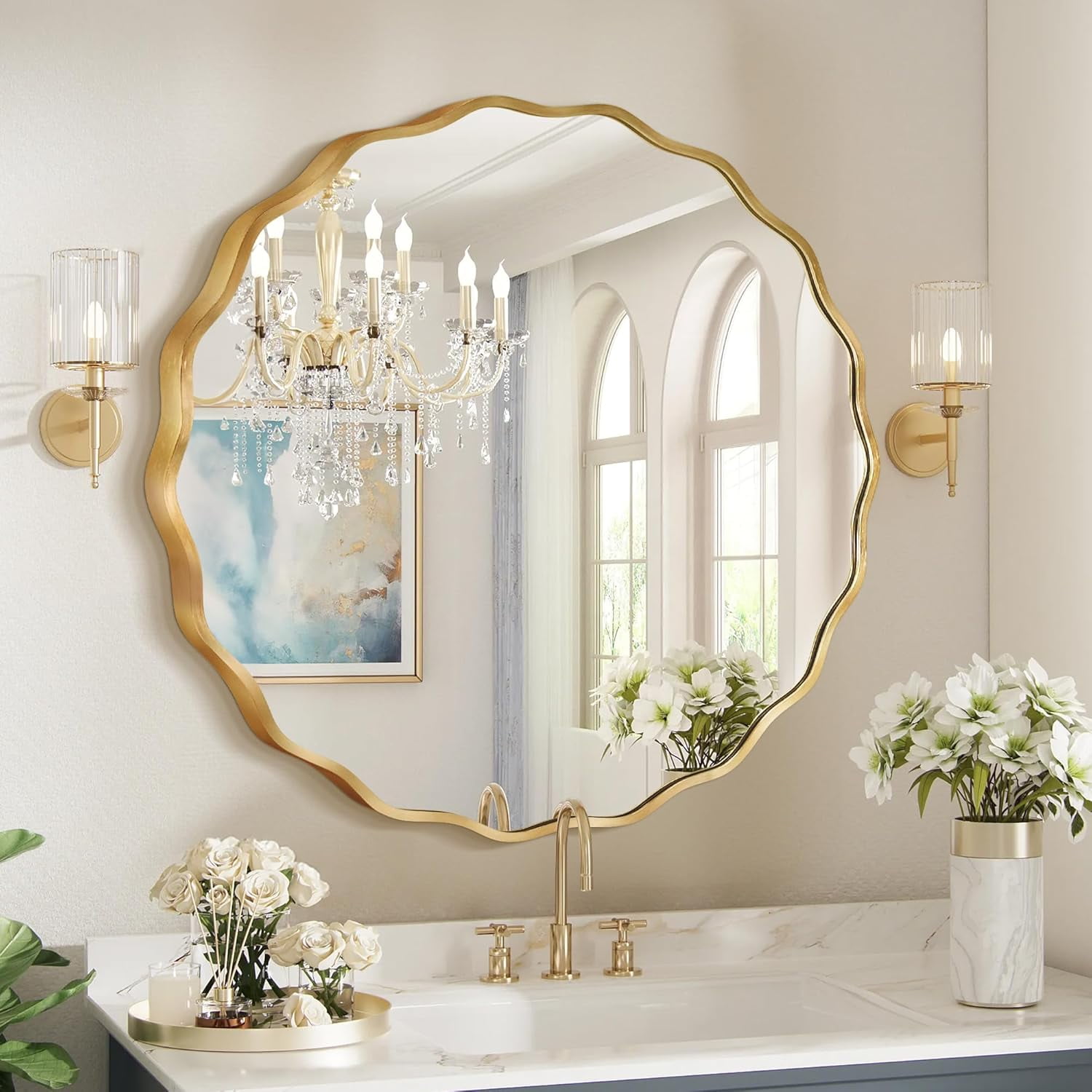 Gold Round Wall Mirror, 32"x32" Hanging Scalloped Mirror for Wall with ...