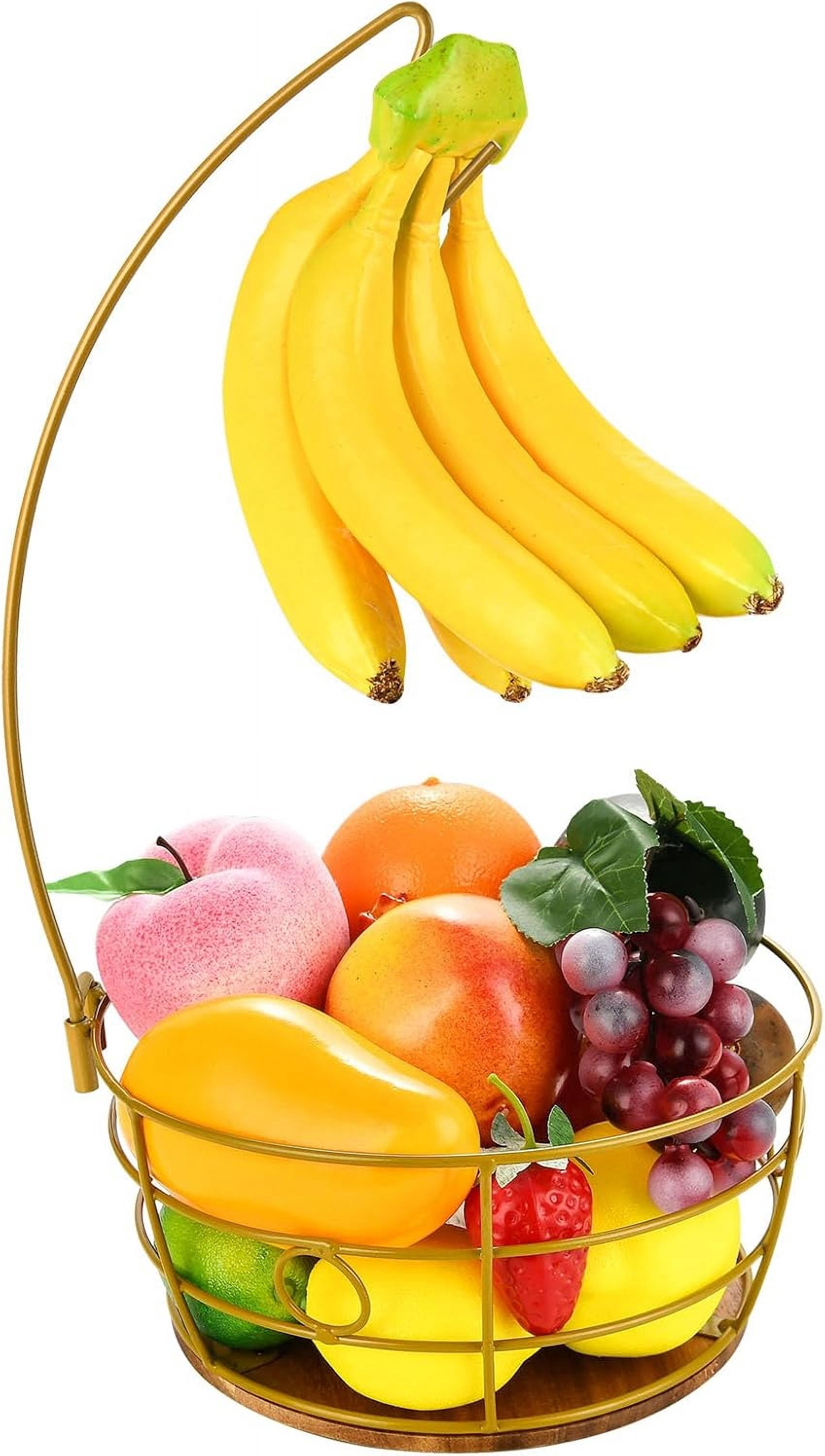 Gold Round Wooden Countertop Fruit Bowl with Banana Hanger, Space ...