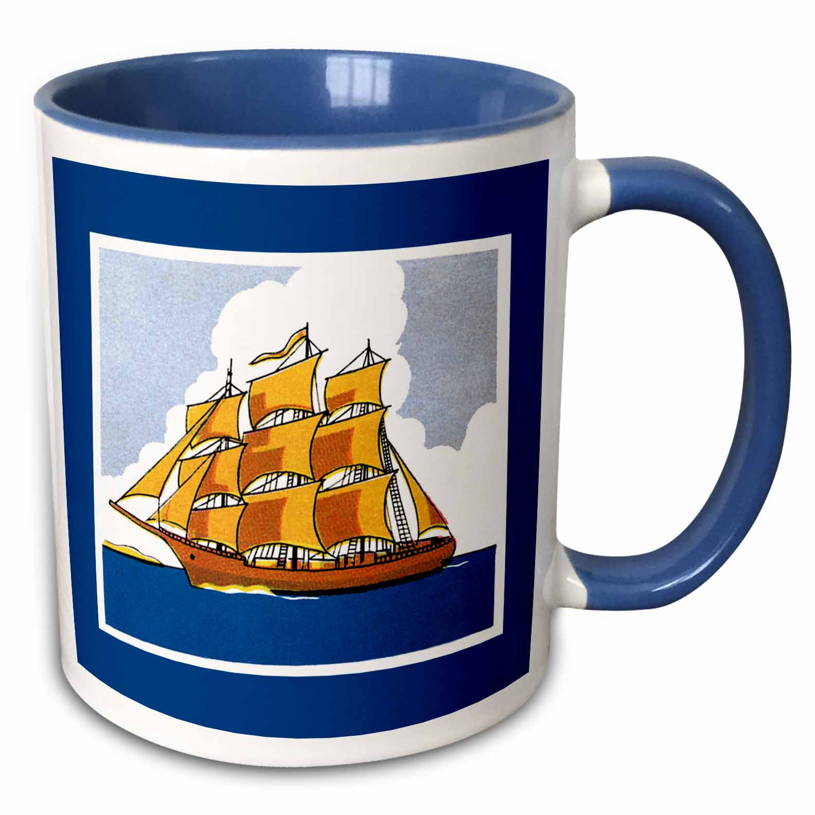 Gold Sailing Ship in Blue Frame Artwork 15oz Two-Tone Blue Mug mug ...