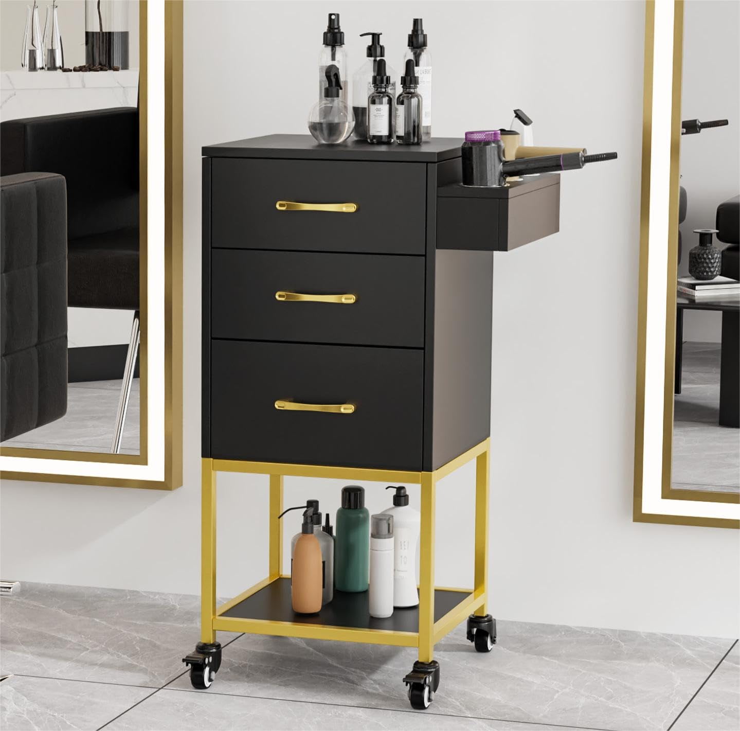 Gold Salon Trolley Cart - Hair Stylist Organizer with Wheels, Dryer ...