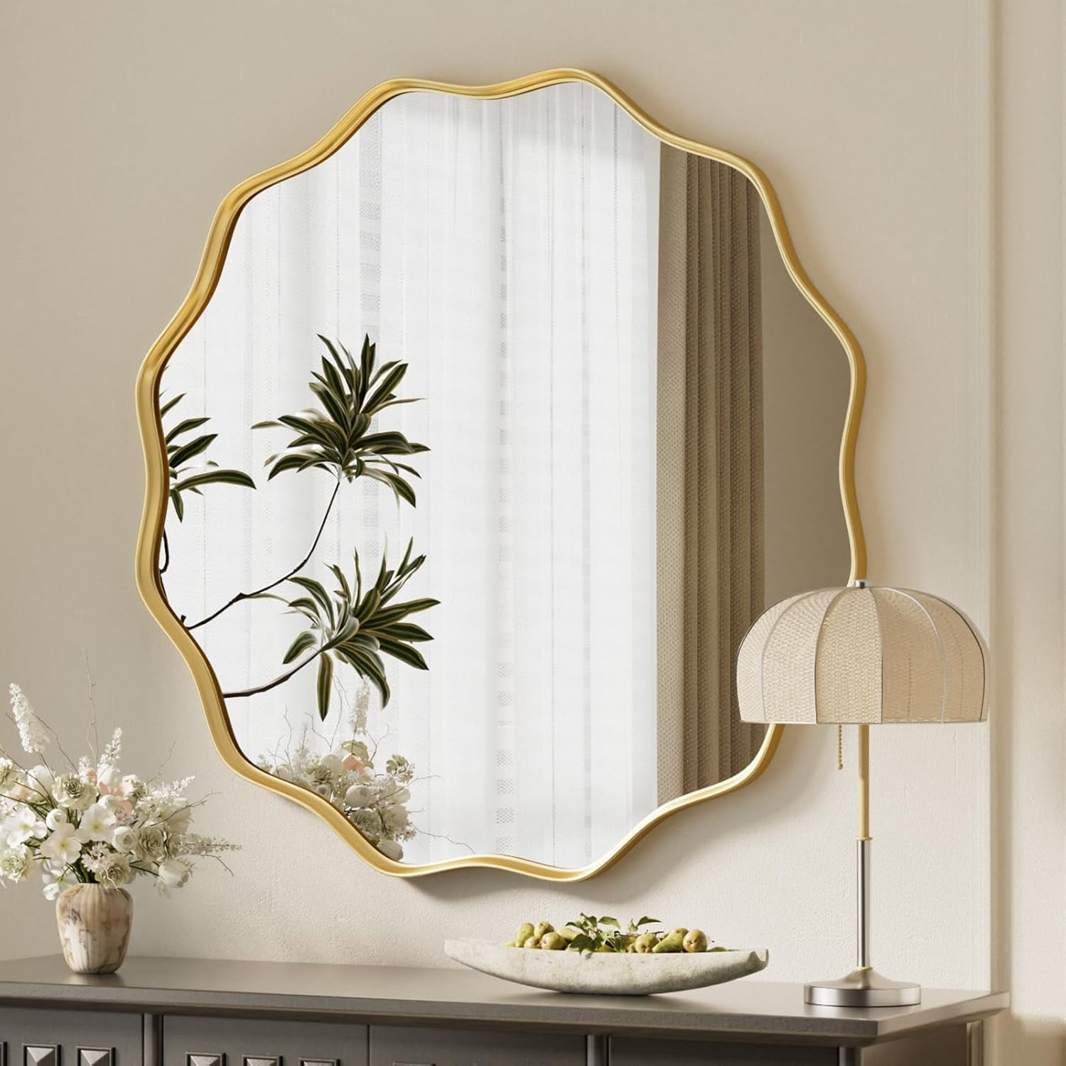 Gold Scalloped Circle Mirror, 30" Wavy Edge Round Wall Mirror with ...