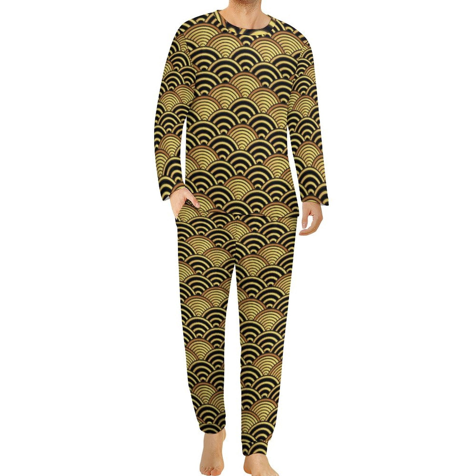 Gold Seigaiha Pajamas Spring Japanese Wave Print Bedroom Nightwear Male ...