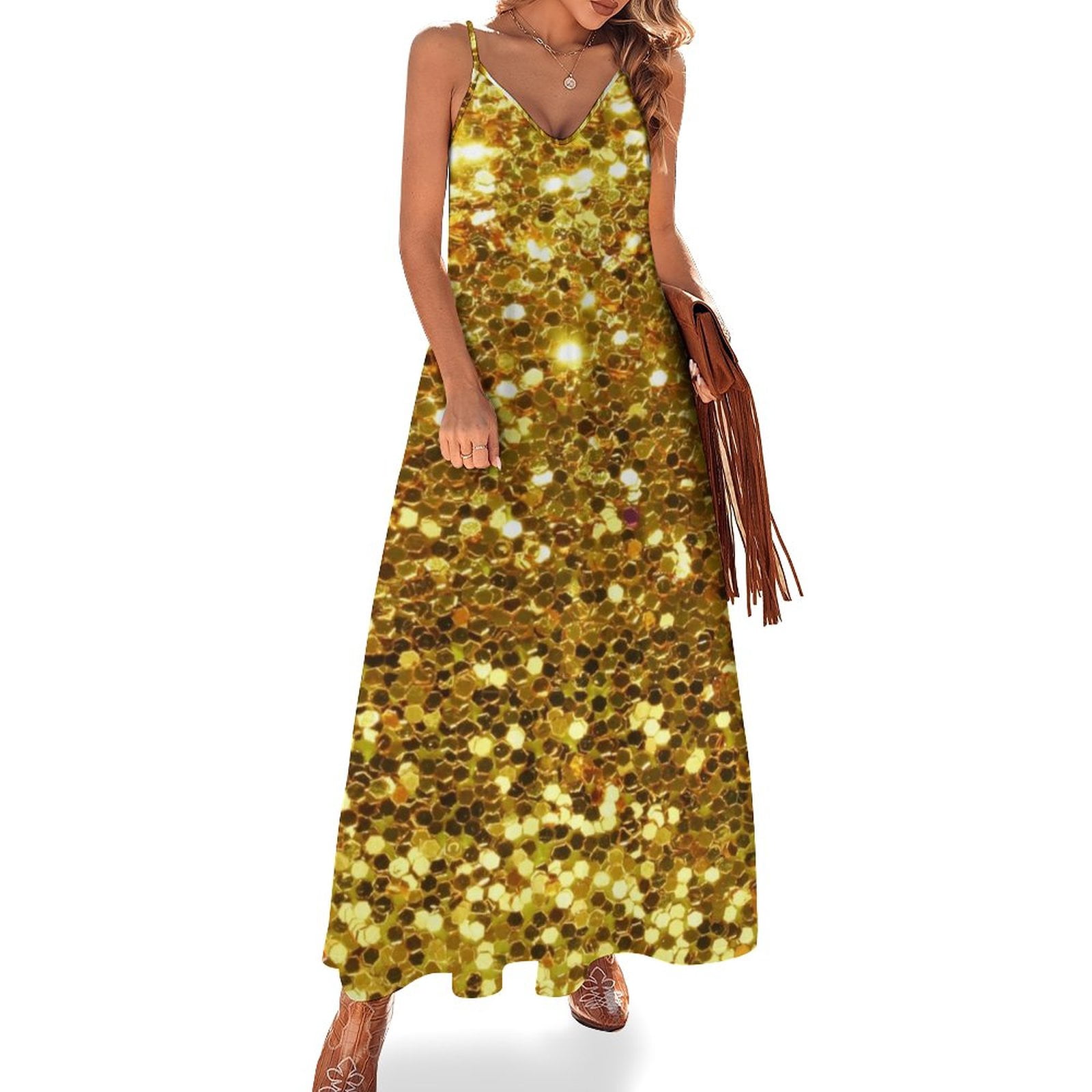 Gold Sequin effect Sleeveless Dress evening dress ladies elegant ...