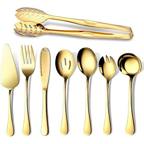 Gold Serving Utensils, 8-Piece Polished Stainless Steel Flatware ...