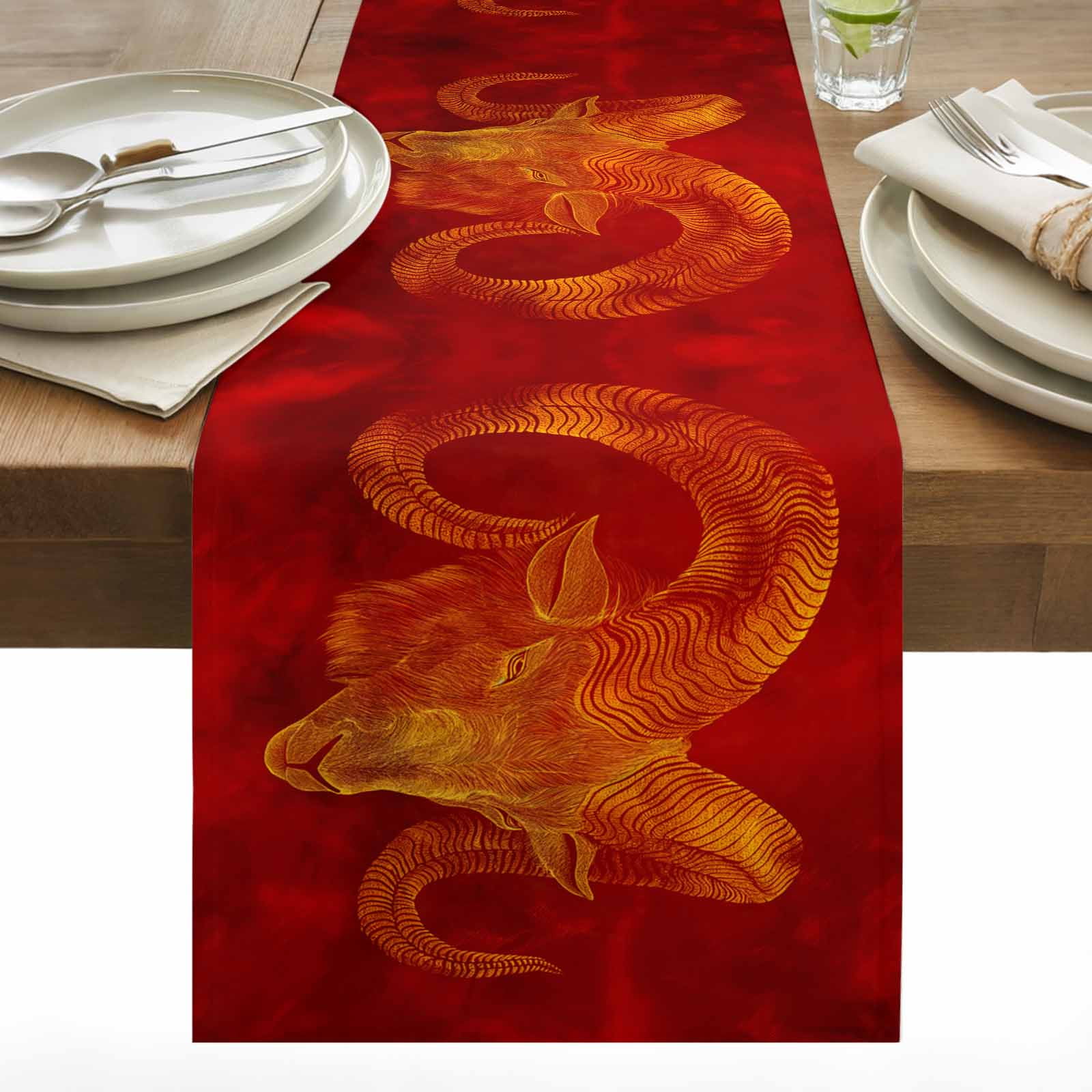 Gold Sheepshead Table Runner 13x48 inch Red Background Cotton Linen ...