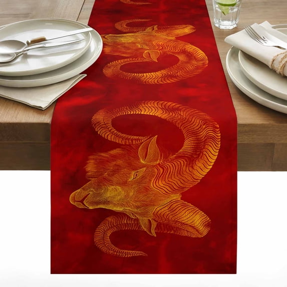 Gold Sheepshead Table Runner 13x48 inch Red Background Cotton Linen ...