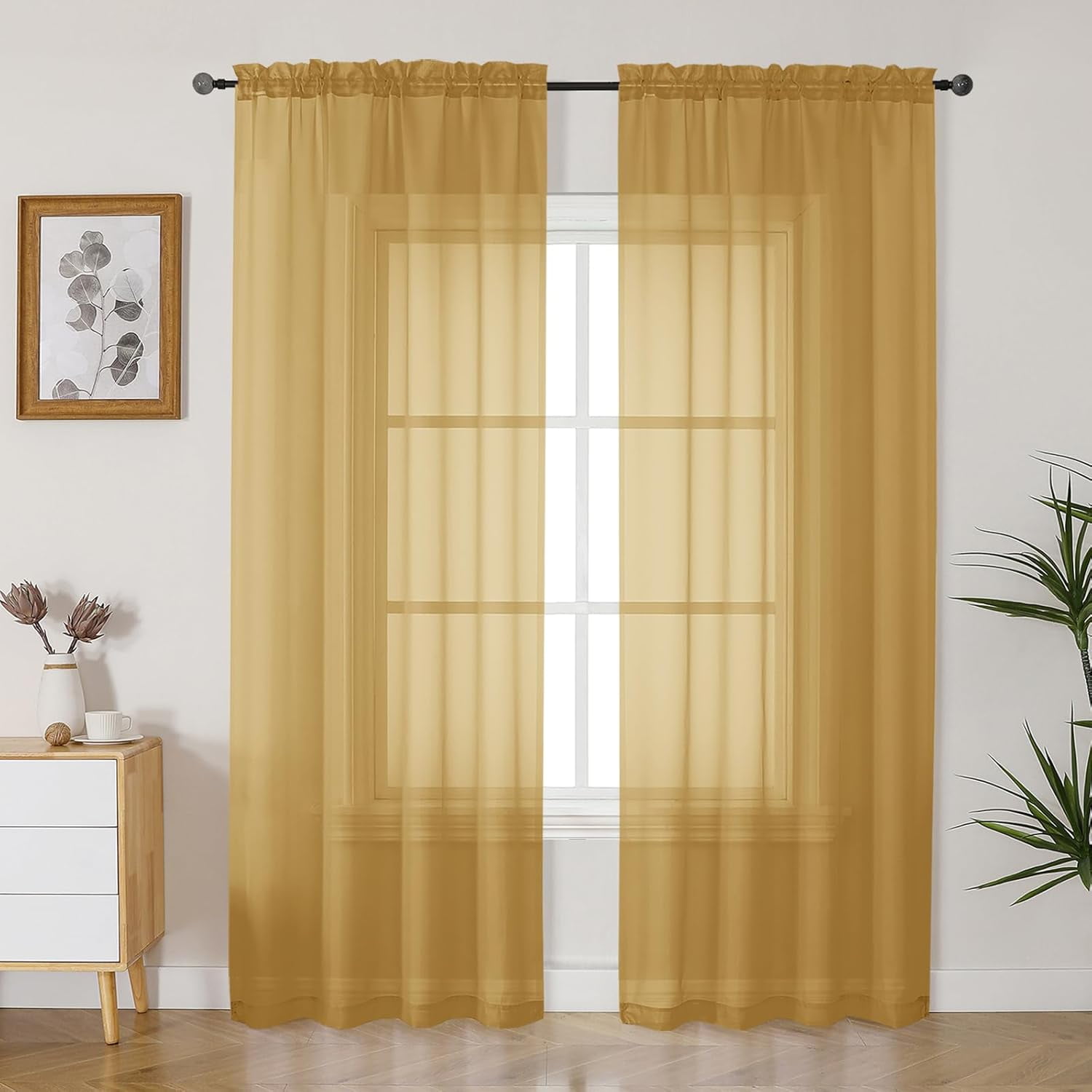 Gold Sheer Curtains 84 Inches Long 2 Panels Set for Living Room, Rod Pocket Voile Lightweight ...