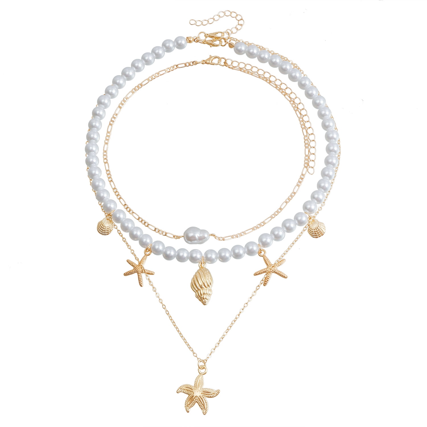 Gold Shell Starfish Mermaid Necklace,Pearl Beaded Seashell Beach Ocean Vacation Coastal Jewelry ...