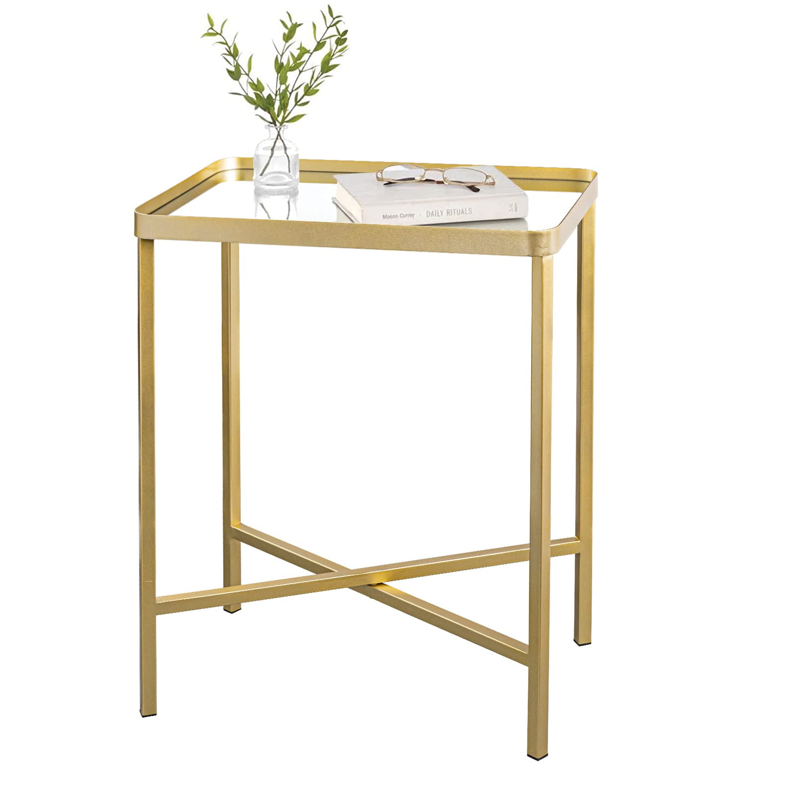 Gold Side Table, Narrow End Table with Mirrored Top, Modern Rectangular ...