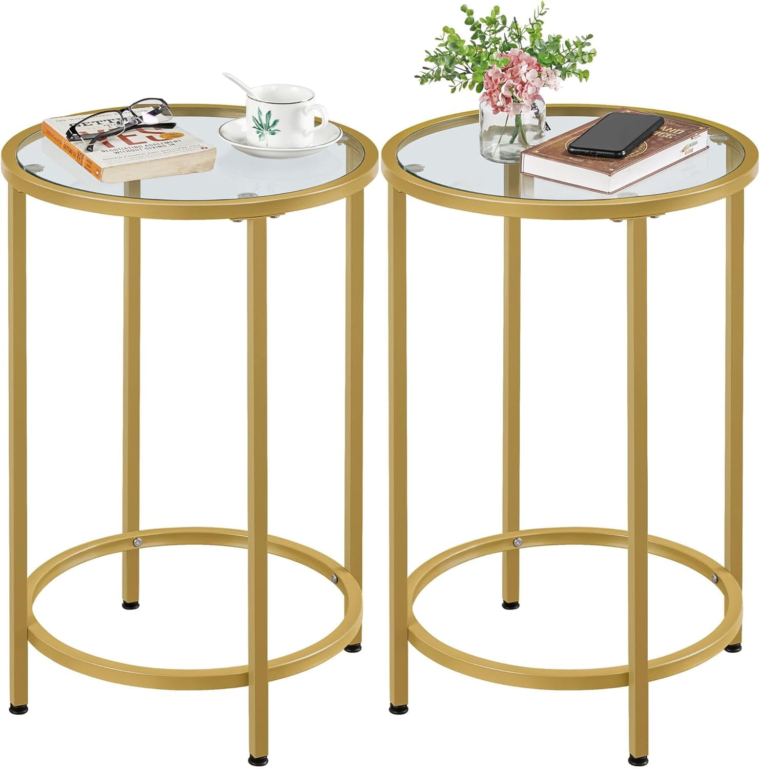 Gold Side Table Set of 2, Round End Tables Tall Nightstand Bedside ...