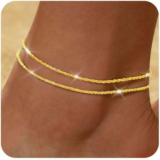 Gold Silver Ankle Bracelets for Women Waterproof 14K Gold Plated Anklets for Women Non Tarnish ...