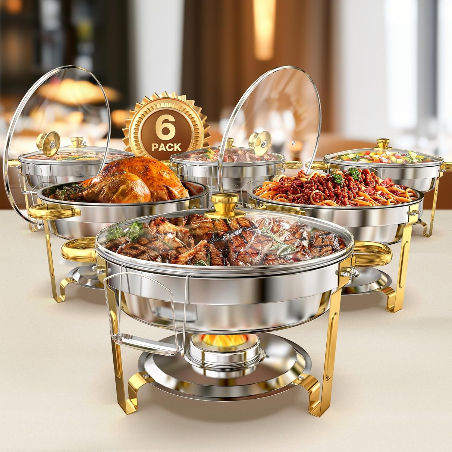 Gold & Silver Chafing Dishes for Buffet with Glass Lid (5QT, 6 Pack ...