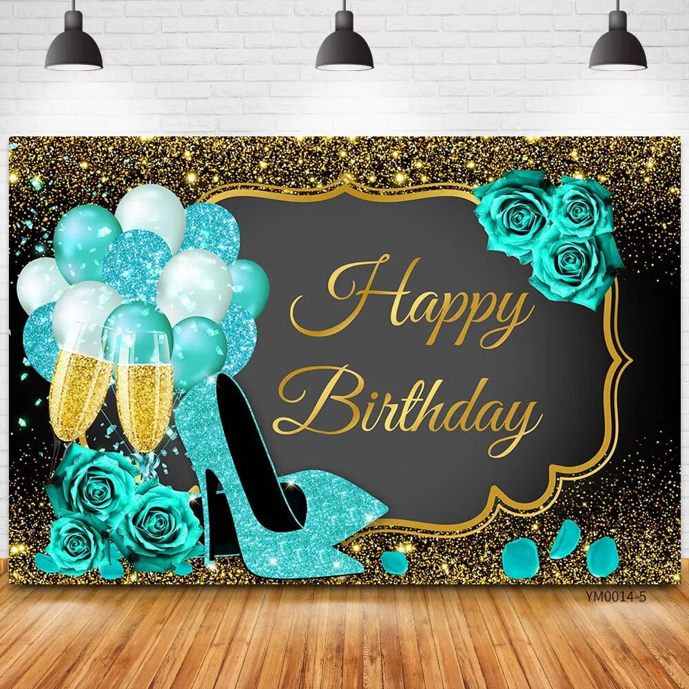 Gold Silver Happy Birthday Backdrop Glitter Rose Balloon High Heels ...