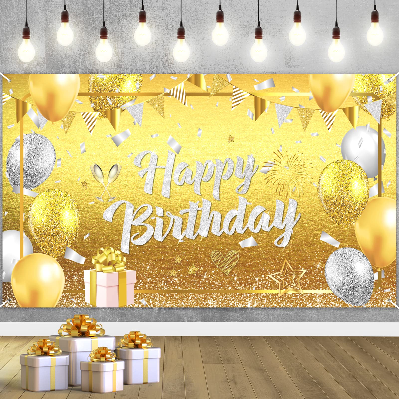 Gold Silver Happy Birthday Banner Decorations Large Gold Silver ...