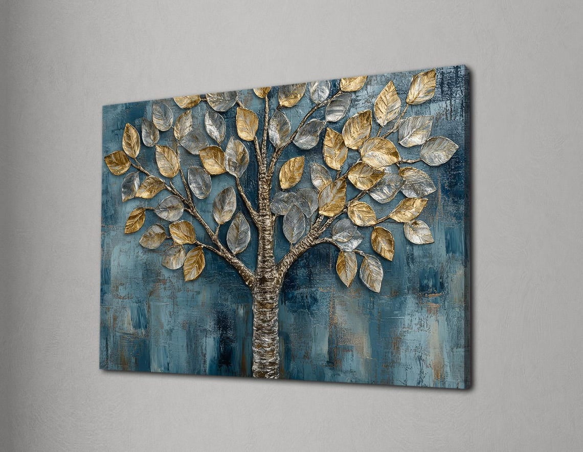 Gold Silver Tree, Modern Metallic Wall Art, Textured Tree Print ...