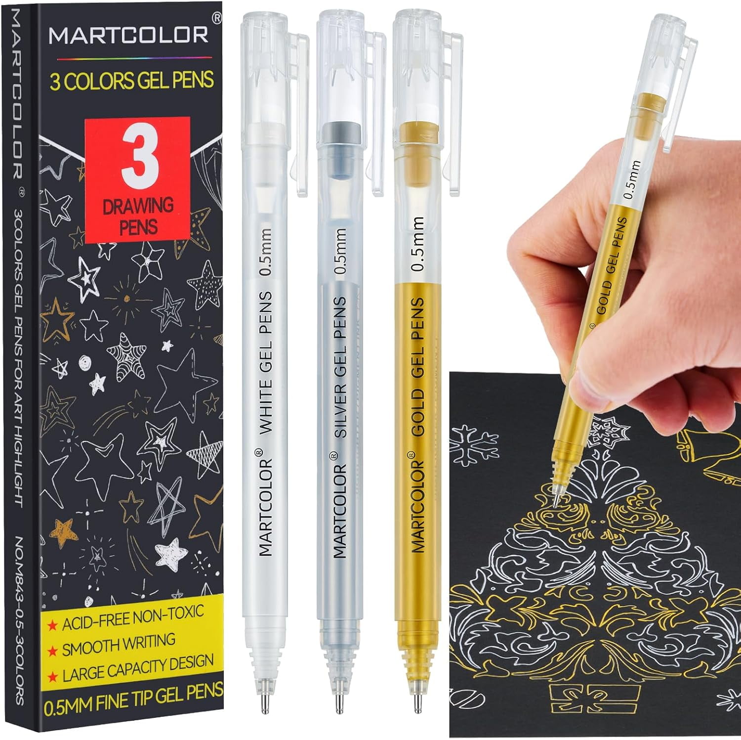 Gold Silver White Gel Pens, 0.5mm Extra Fine Point Opaque Archival Ink ...