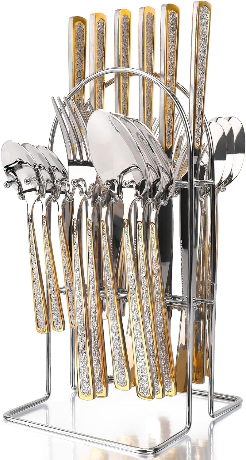 Gold Silverware Set, 24 Pieces Flatware Set with Silverware Holder ...