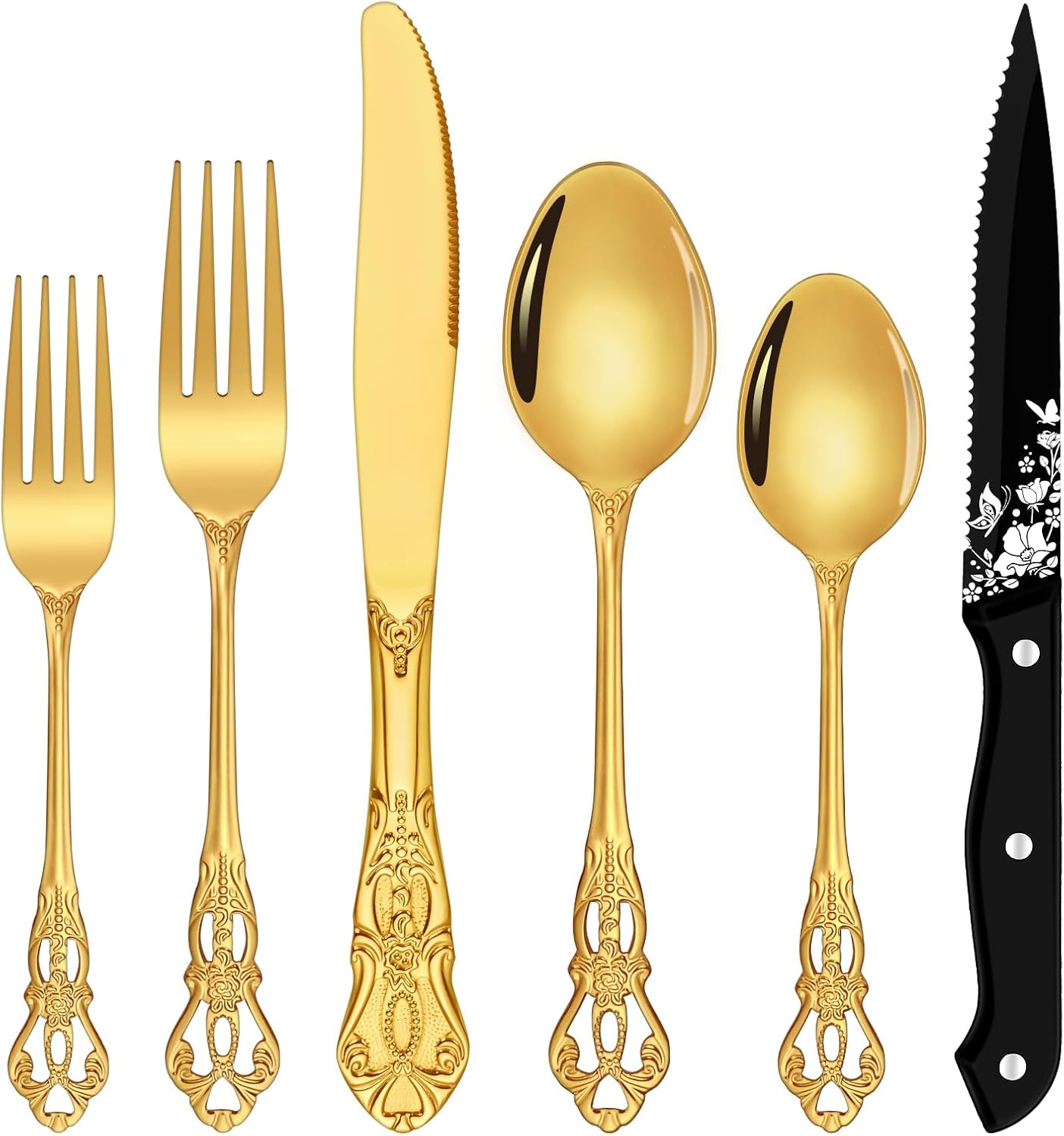 Gold Silverware Set, 24 Pieces Retro Flatware Set for 4 with Gold ...