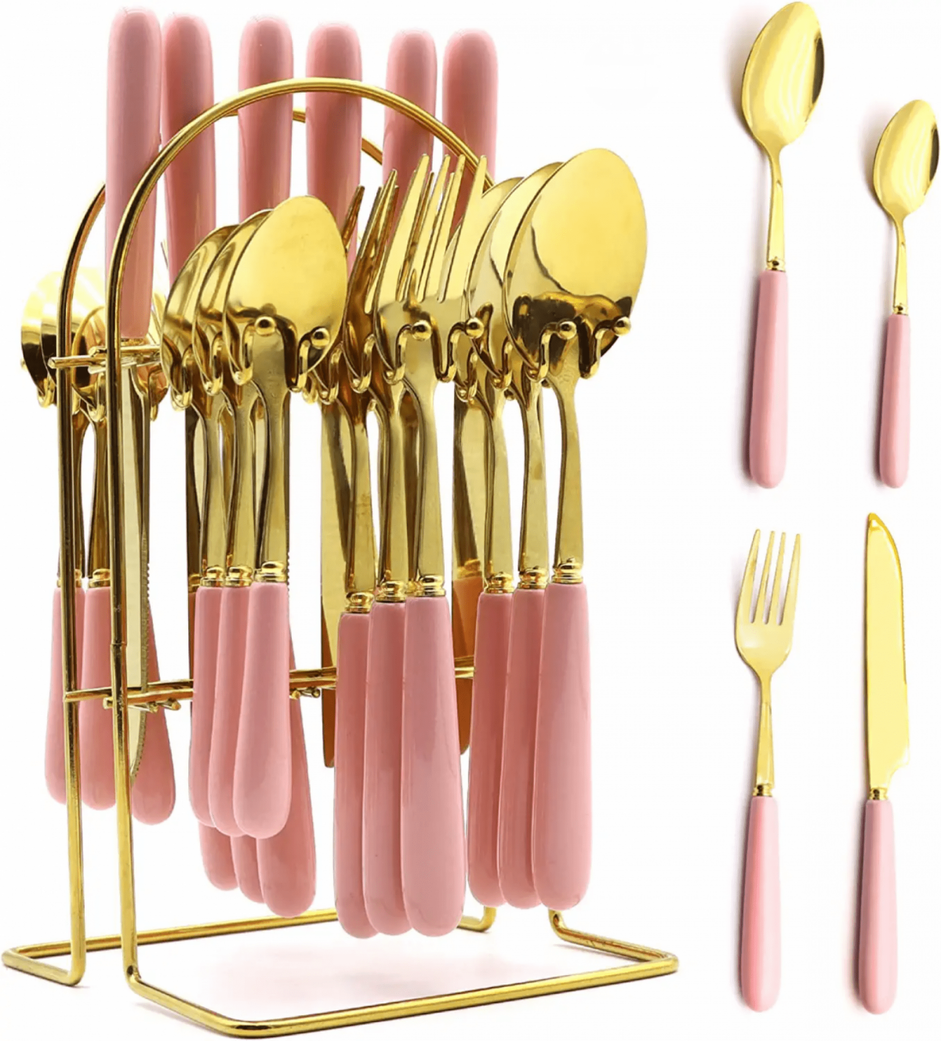 Caliamary 24-Piece Gold Silverware Set with Pink Handle & Holder ...
