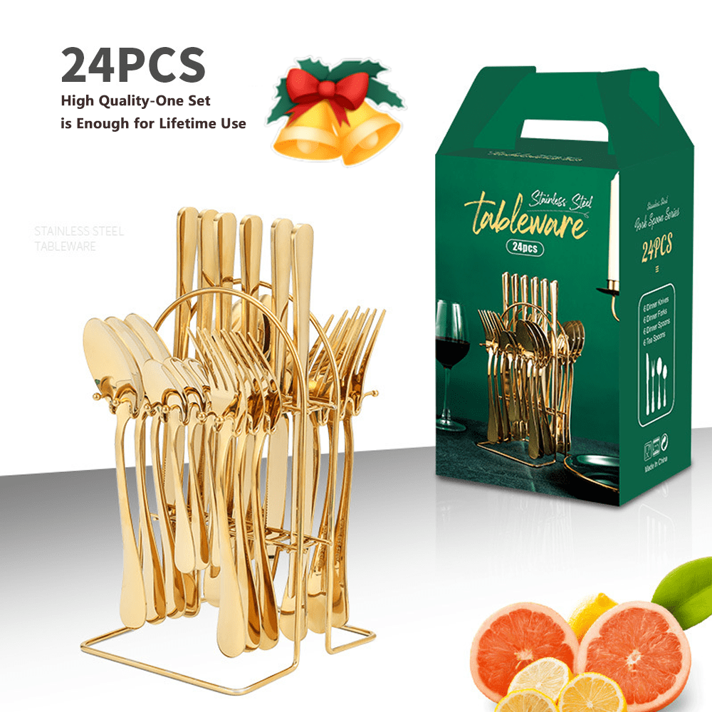 Gold Silverware Set Stainless Steel, 24 Piece Anti-Rust Mirror Polished ...