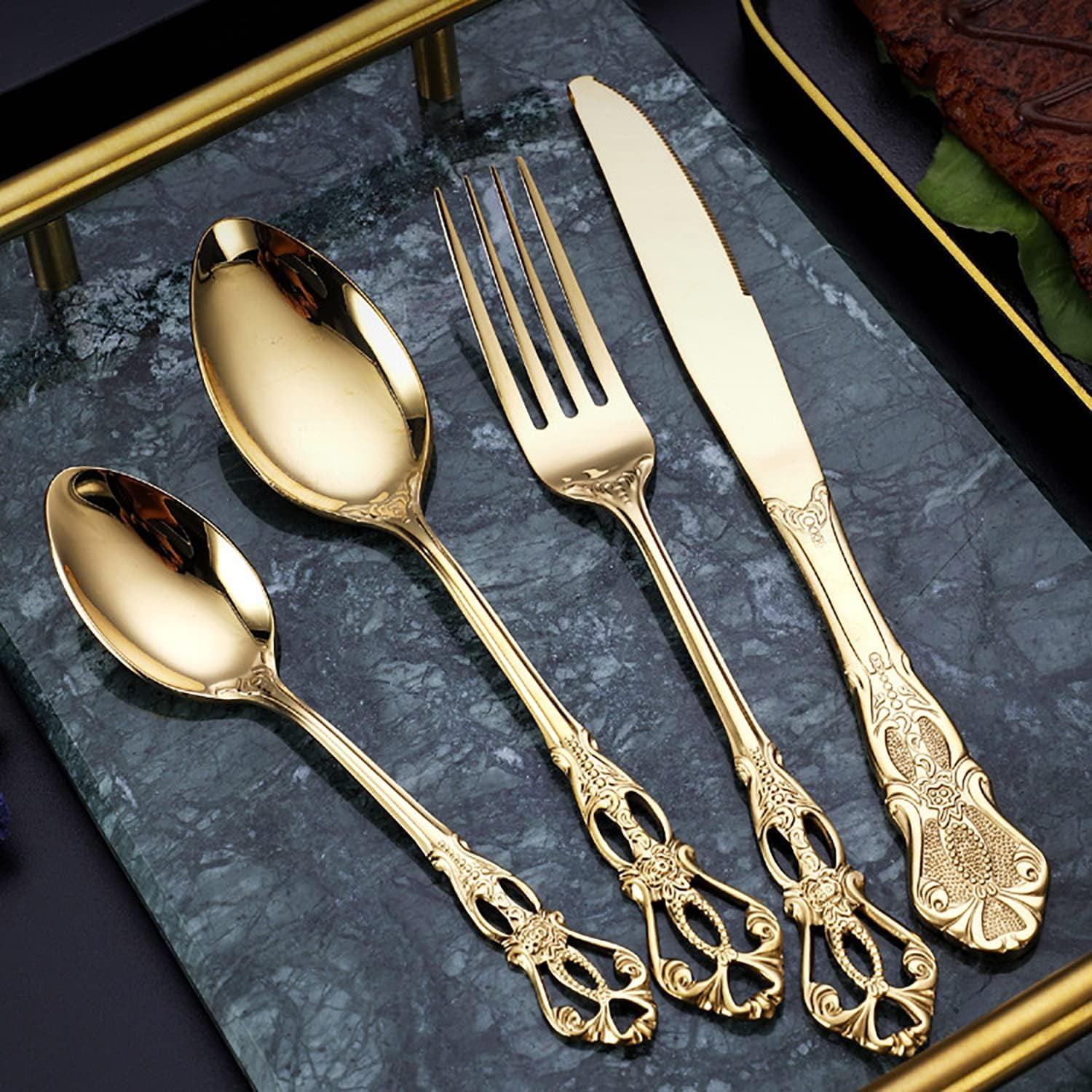 Gold Silverware Set Vintage Hollow Durable 18/10 Stainless Steel ...