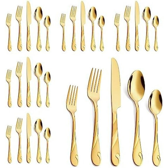 Gold Silverware Set for 6, 30-Piece Stainless Steel Flatware Set, Shiny ...