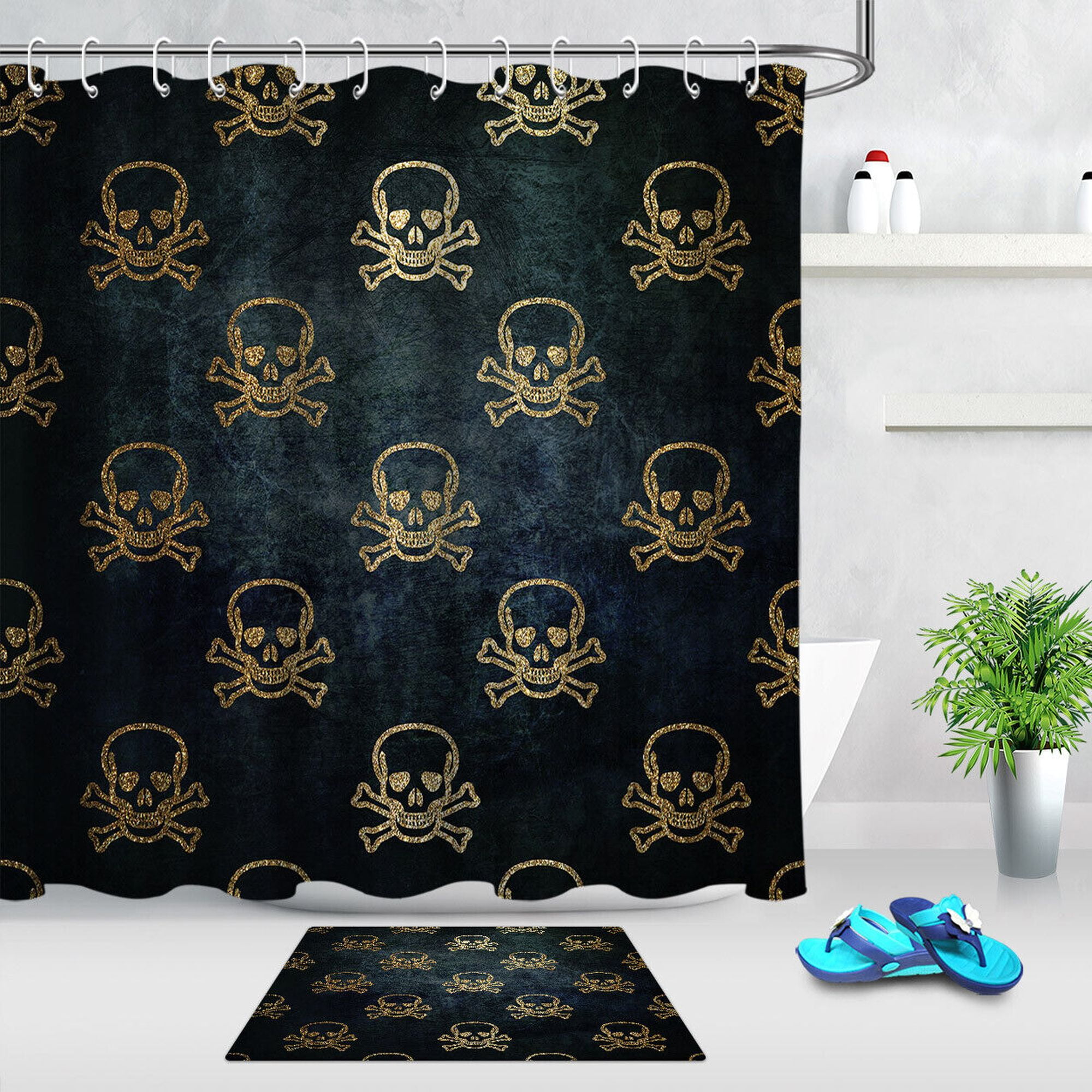 Gold Skull Halloween Shower Curtain Set With Vintage Background