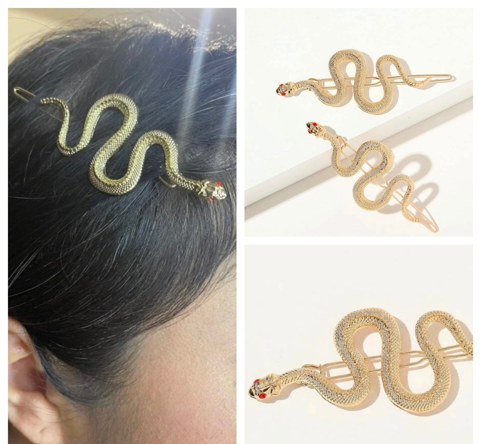 Gold Snake hair clip (set of 2)- snake hair clip- ruby red eyes snake ...