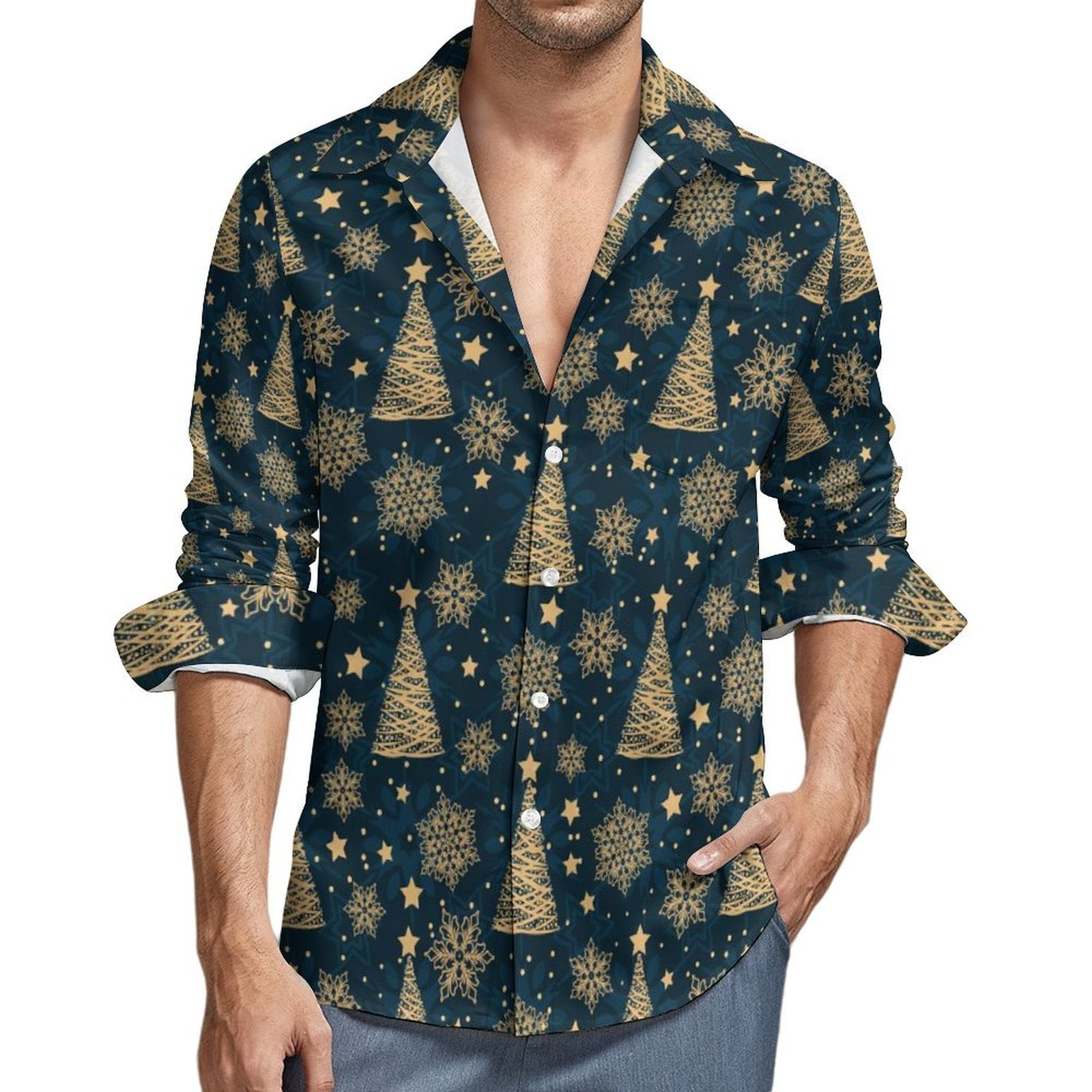Gold Snowflake Christmas Tree Mens Long Sleeve Button Down Shirts ...