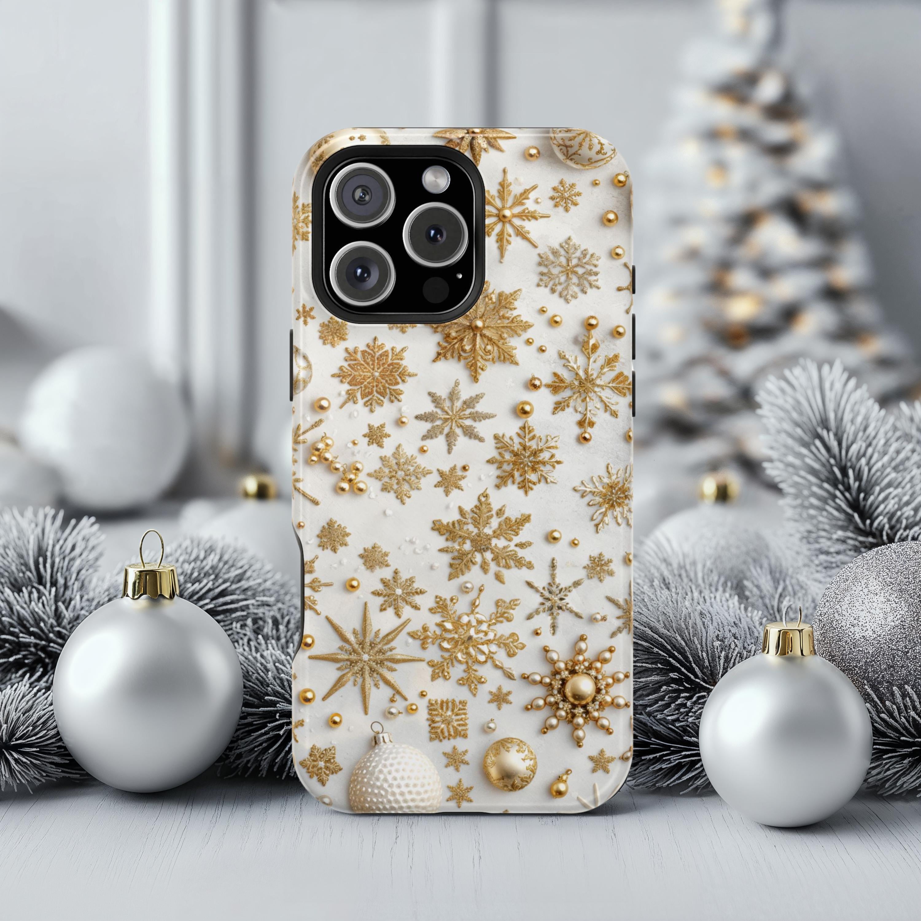 Gold Snowflakes Phone Case Winter Luxe Theme for iPhone 17 through 11 ...