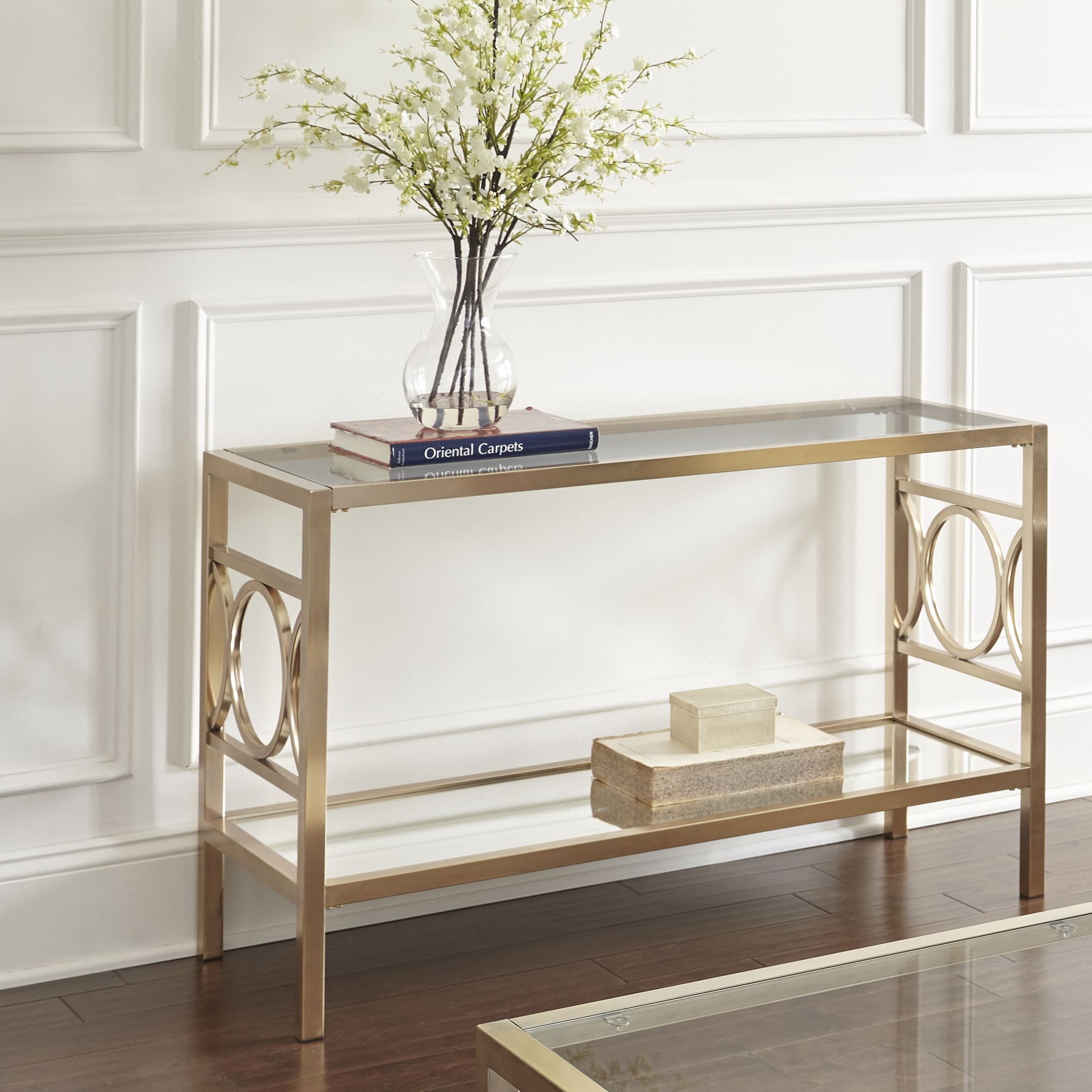 Gold Sofa Table with Mirrored Shelf and Concentric Circle Design ...