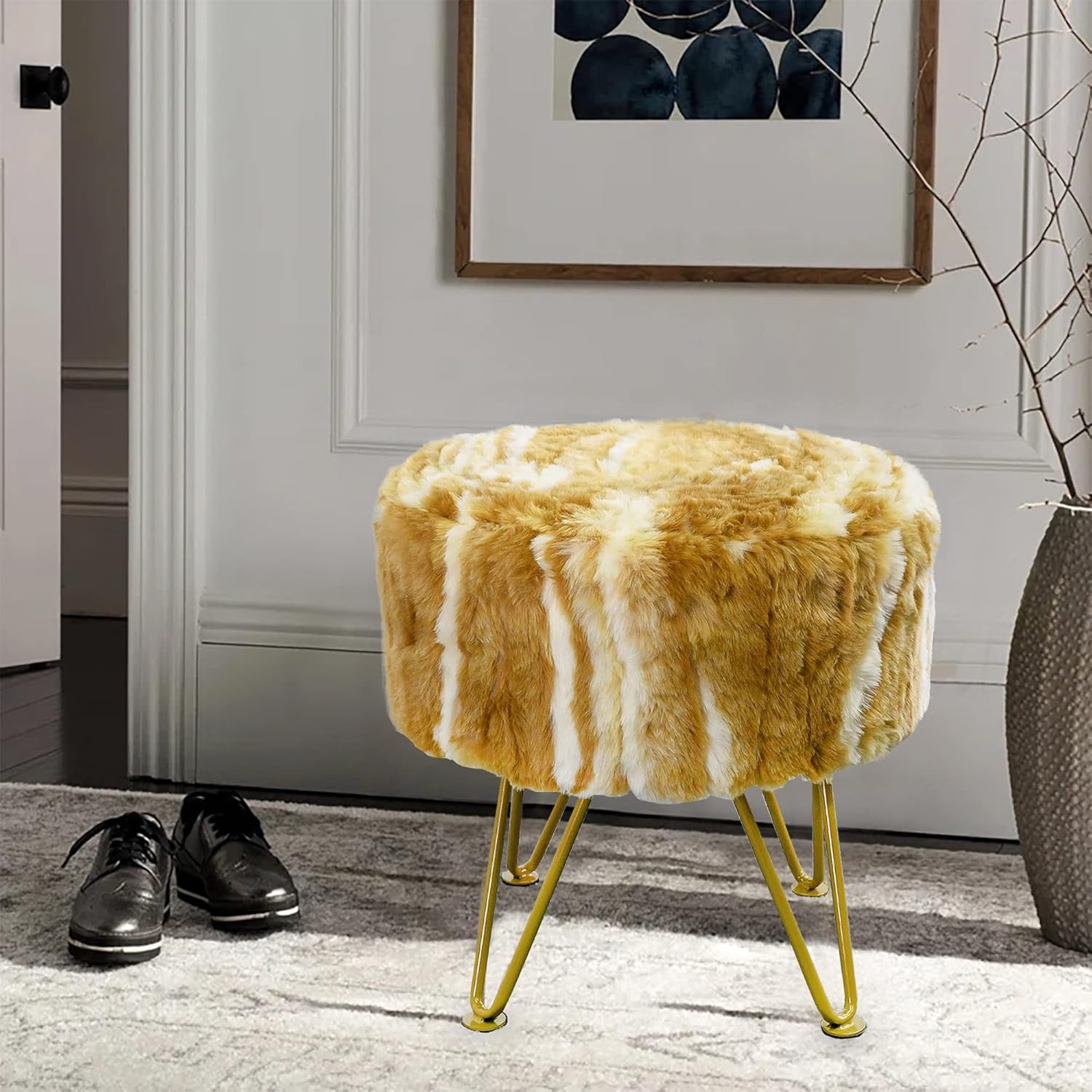 Gold Soft Faux Fur Ottoman Round Fuzzy Entryway Bench Seat, 18"x18"x18 ...