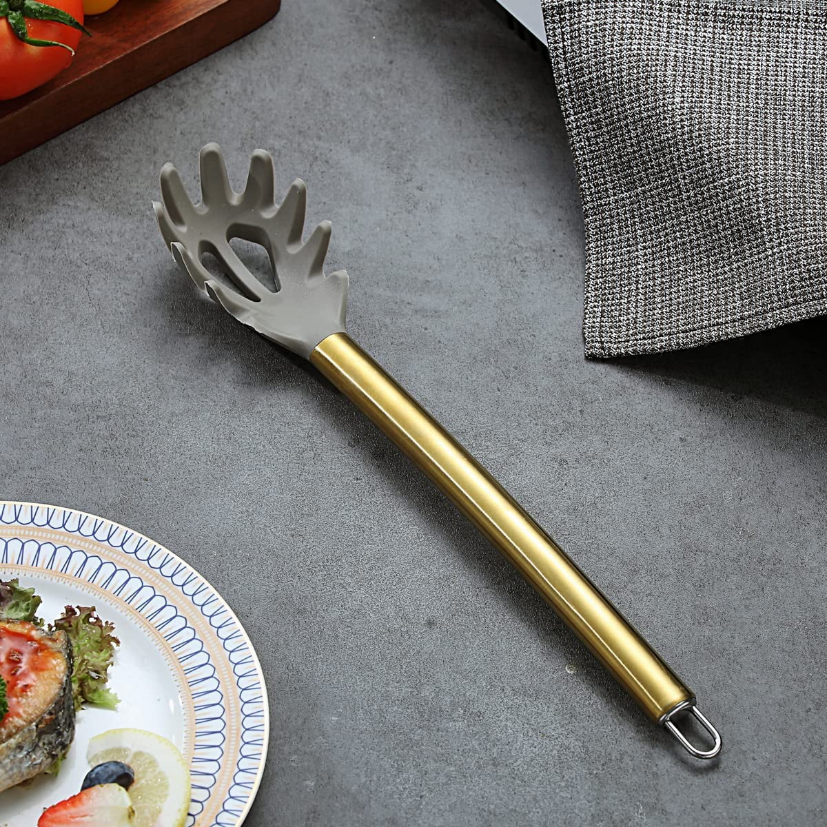 Gold Spaghetti Spoon, Non-Stick Silicone Pasta Server With Titanium ...