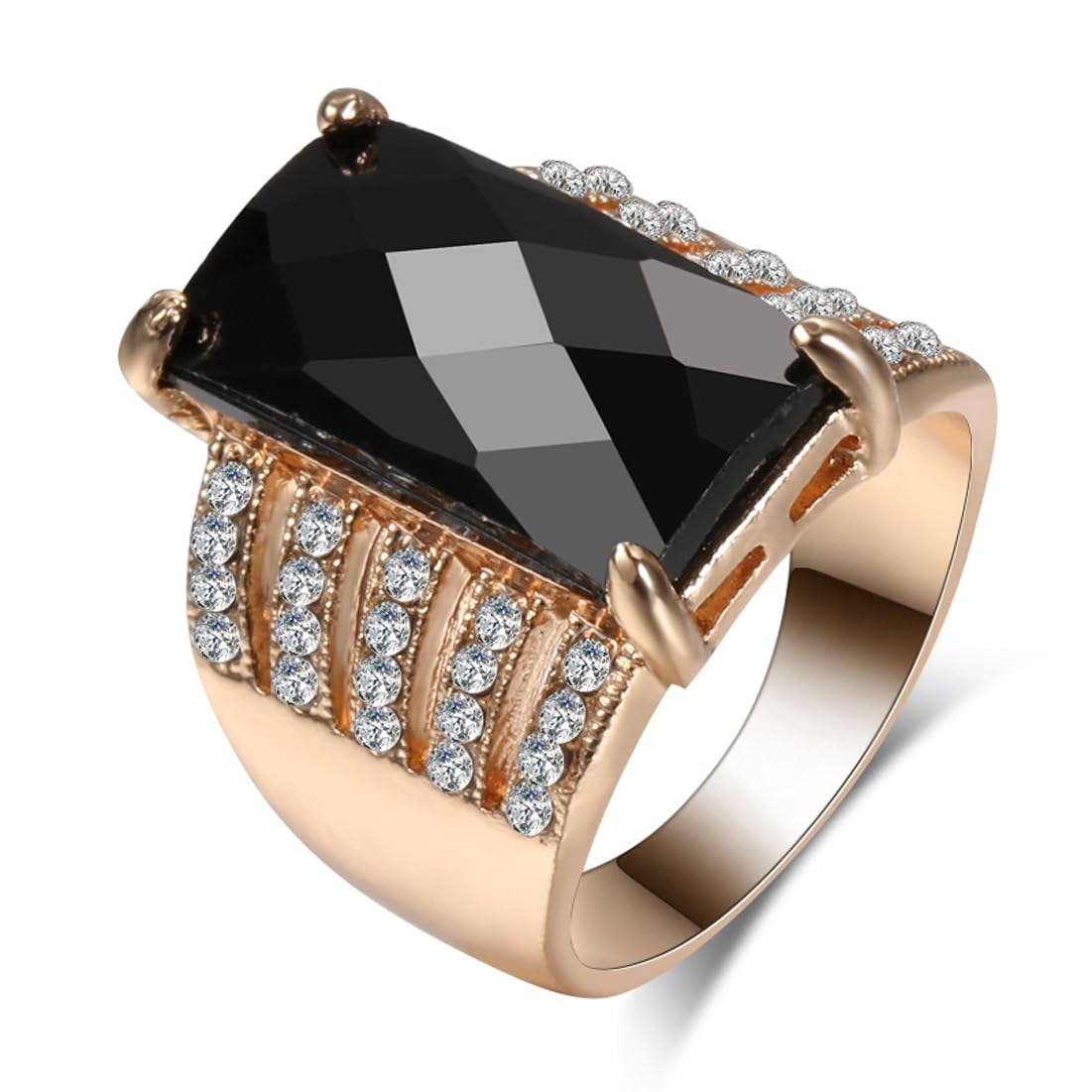 Gold Square Black Obsidian Stone Ring for Women,14K Yellow Gold Plated ...