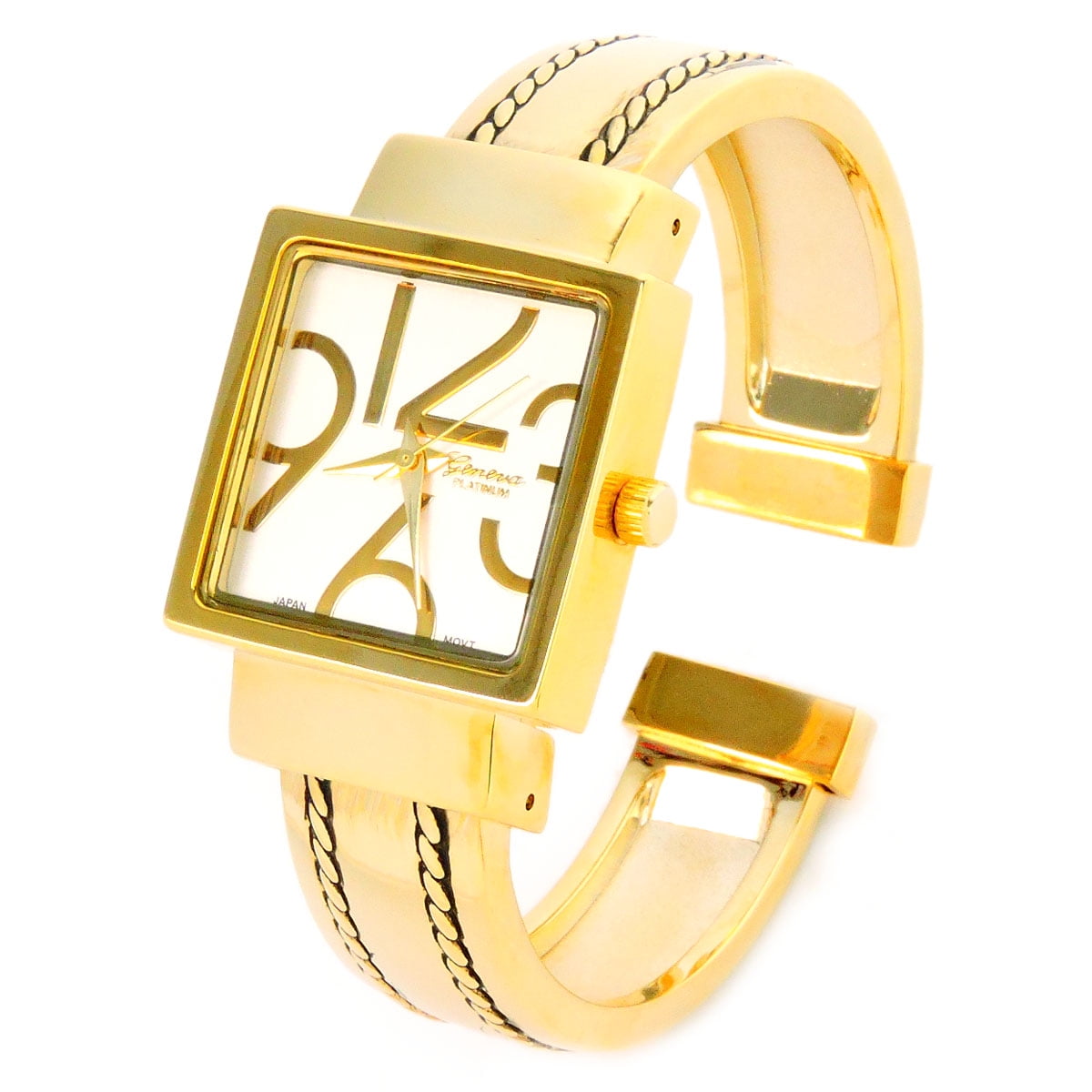 Gold Square Dial with Oversized Hours, Stitch Style Bangle Cuff Watch ...