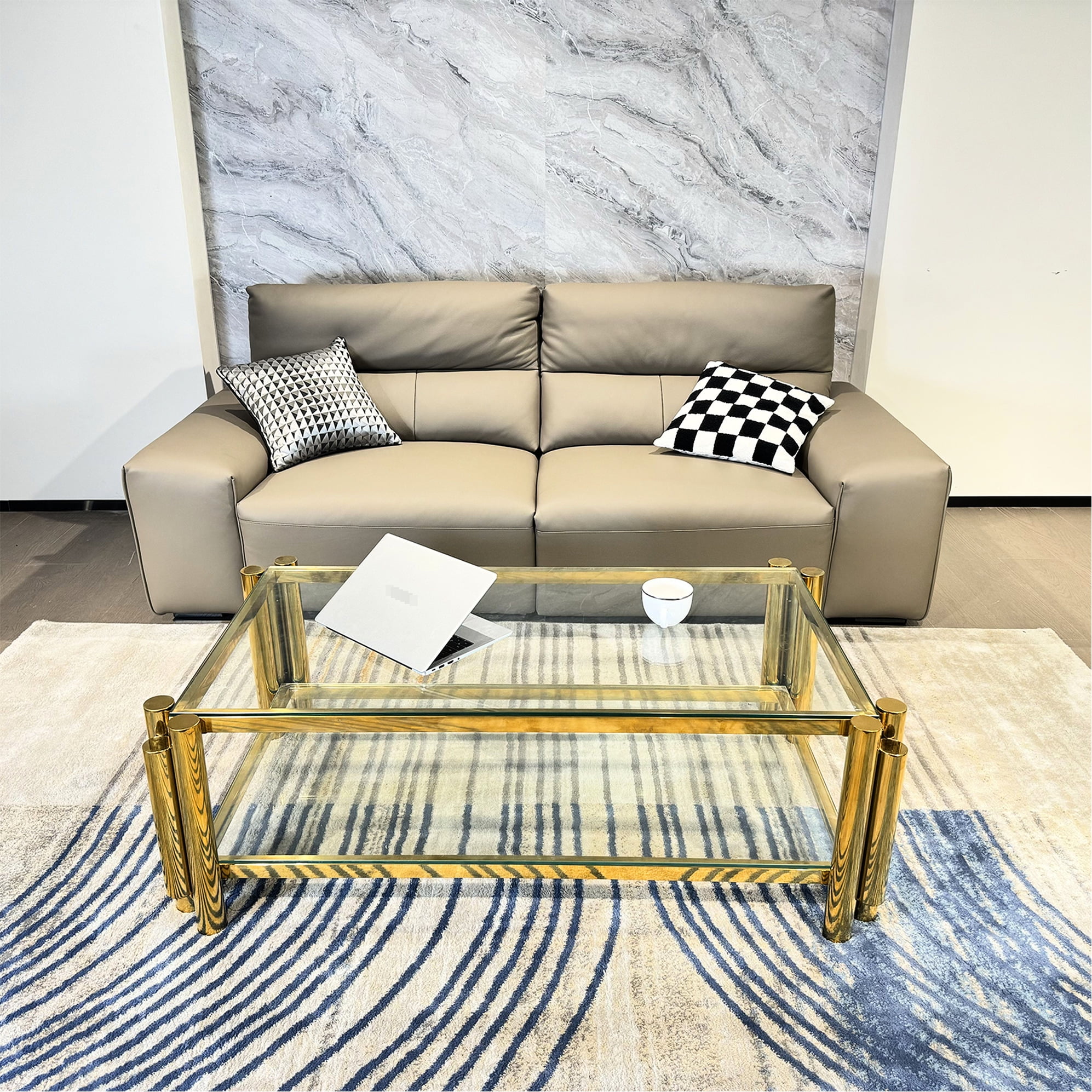 Gold Stainless Steel Coffee Table, 47" Wide With Tempered Glass, Modern Design For Living Room ...