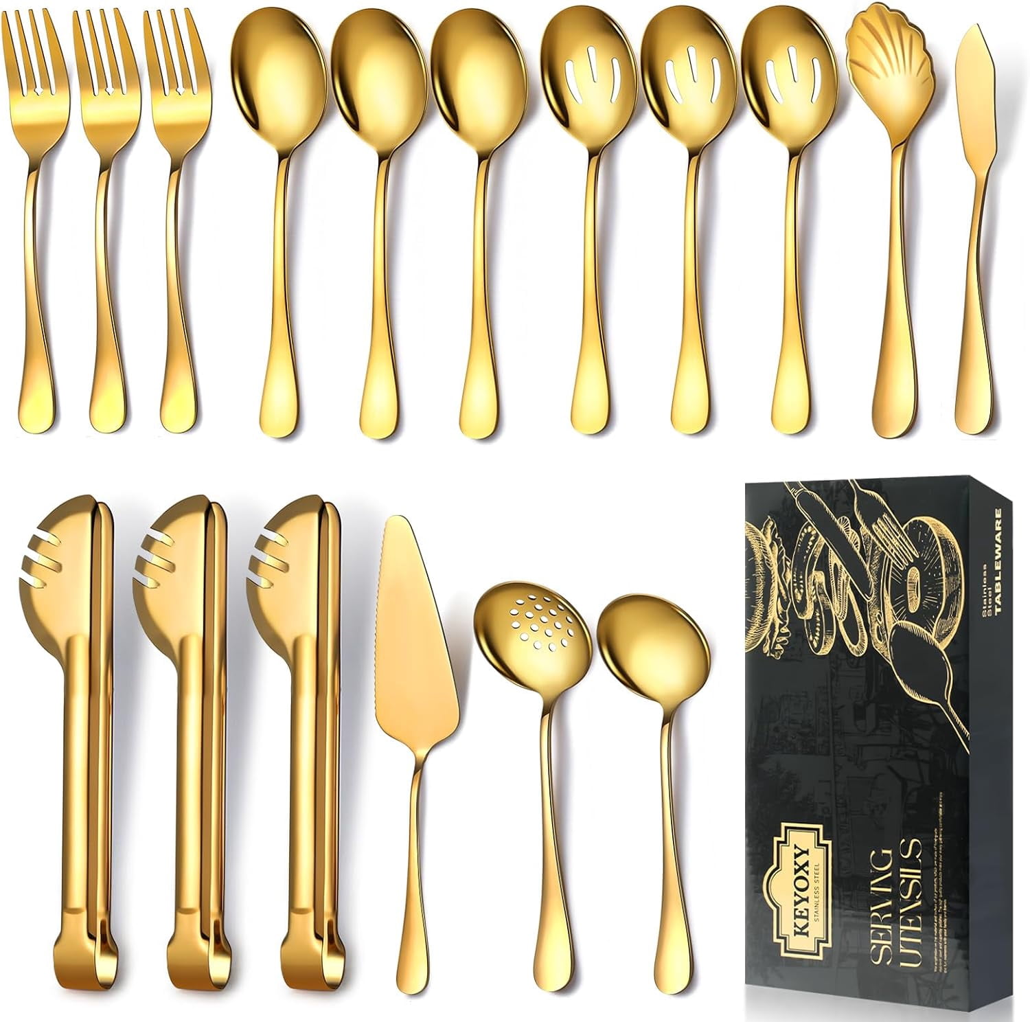 Gold Stainless Steel Serving Utensil Set, 17 Pcs, with Large Slotted ...