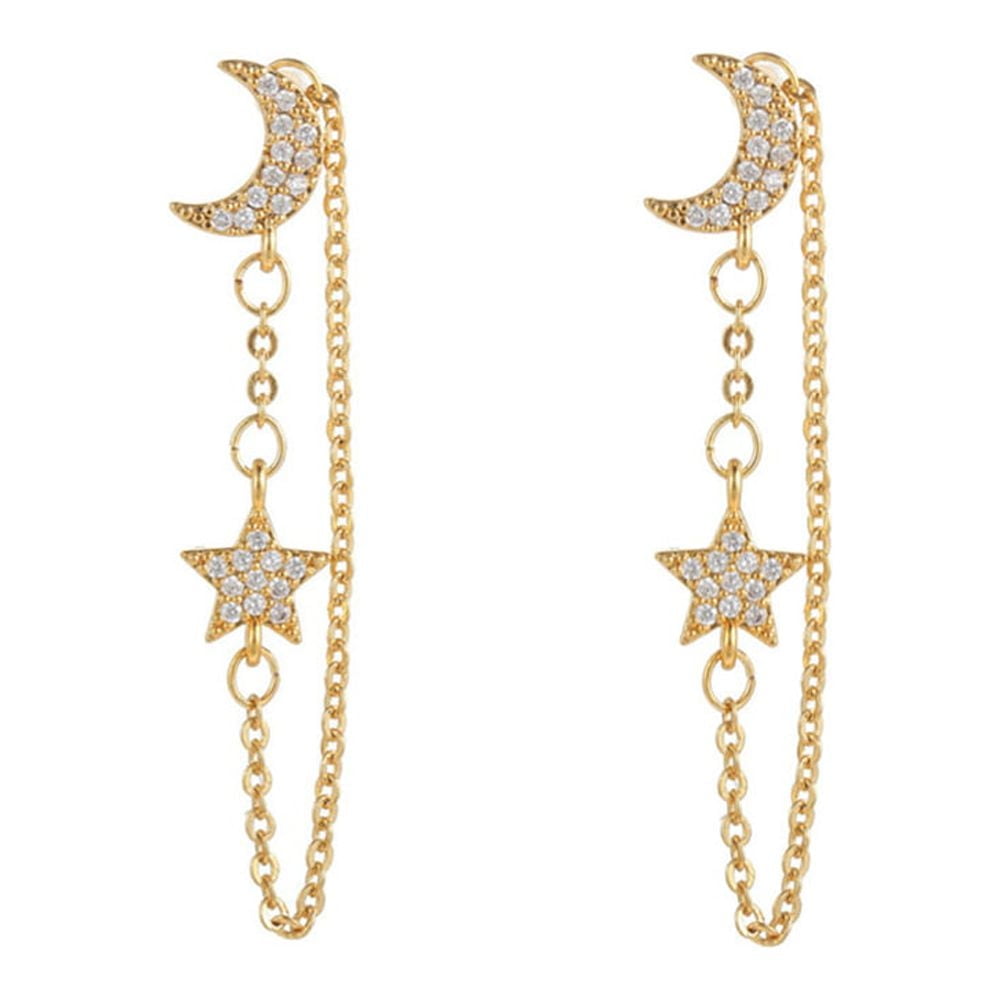 Gold Star Moon Dangle Drop Front Back Earrings for Women CZ Chain ...
