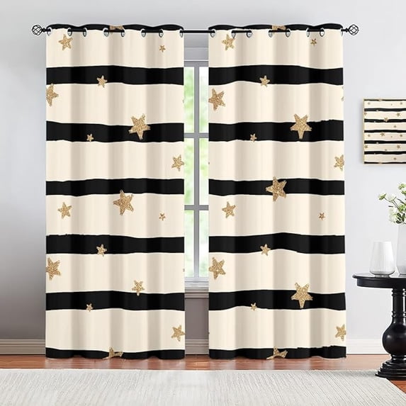 Gold Star Print Blackout Curtains, Black Geometric Stripe Art Window ...