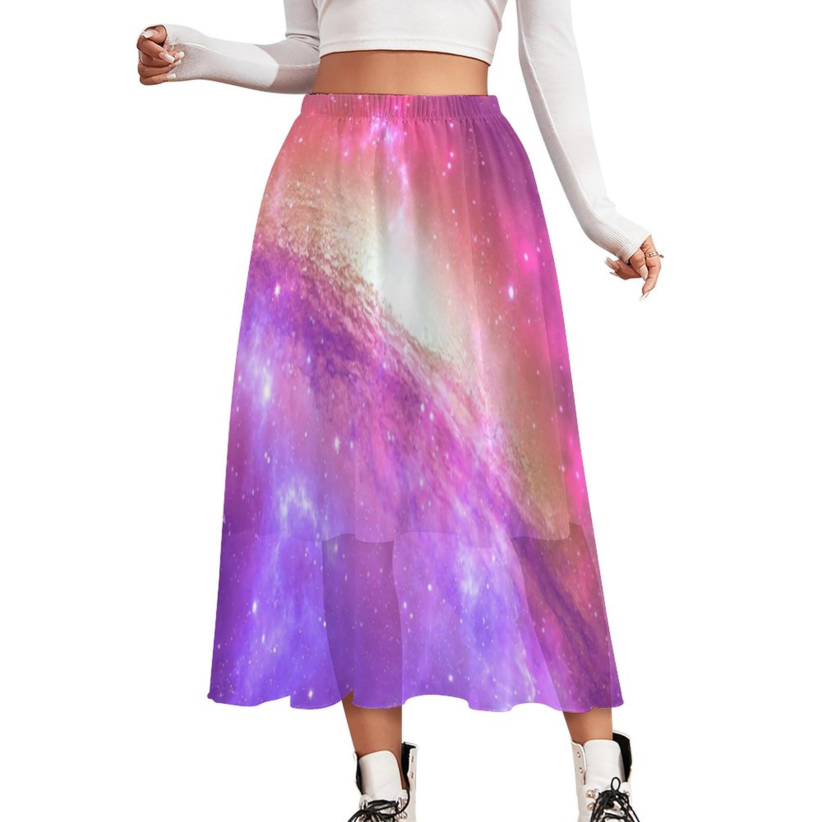 Gold Star Print Chiffon Skirt Festive Christmas Long Skirts Female ...
