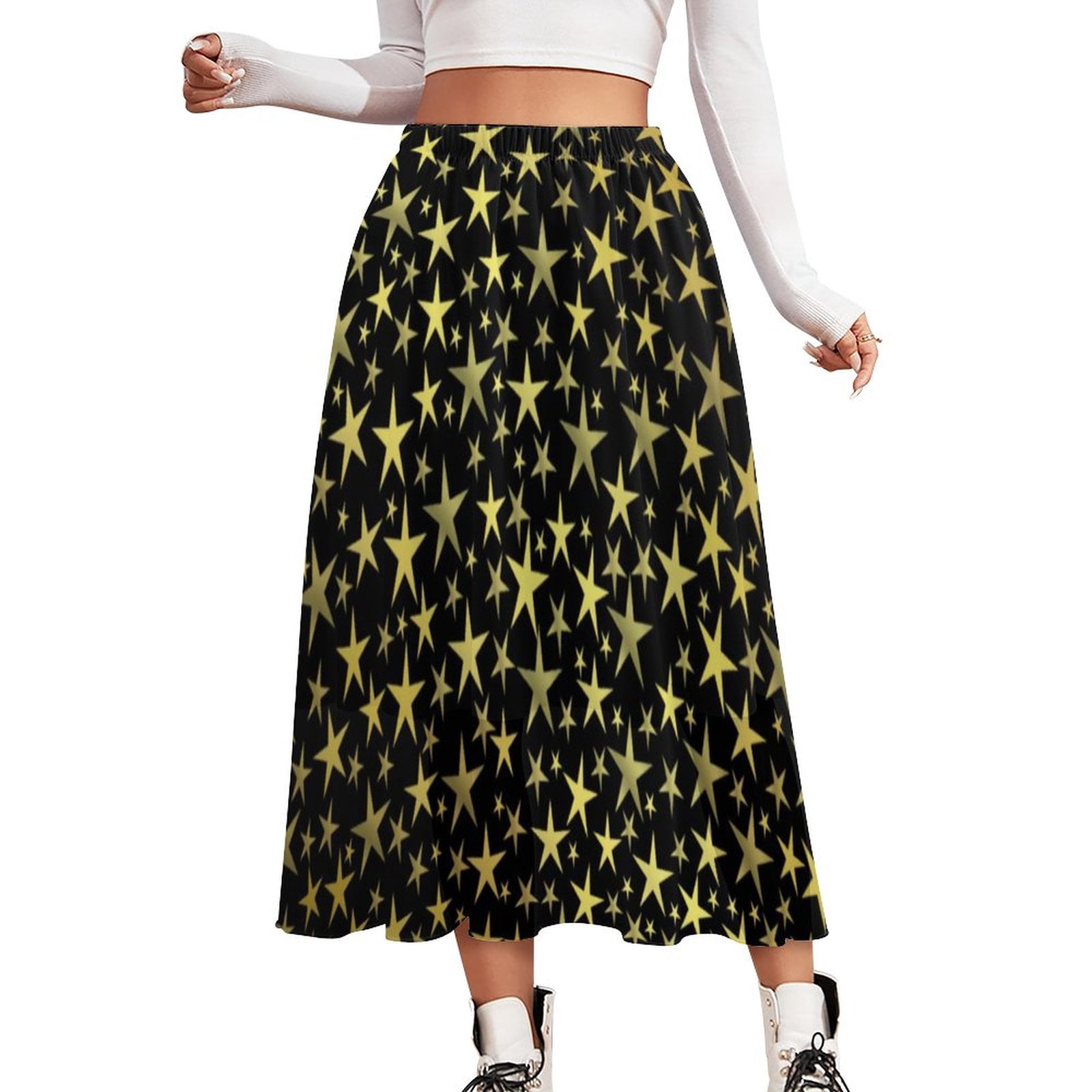 Gold Star Print Chiffon Skirt Festive Christmas Long Skirts Female ...