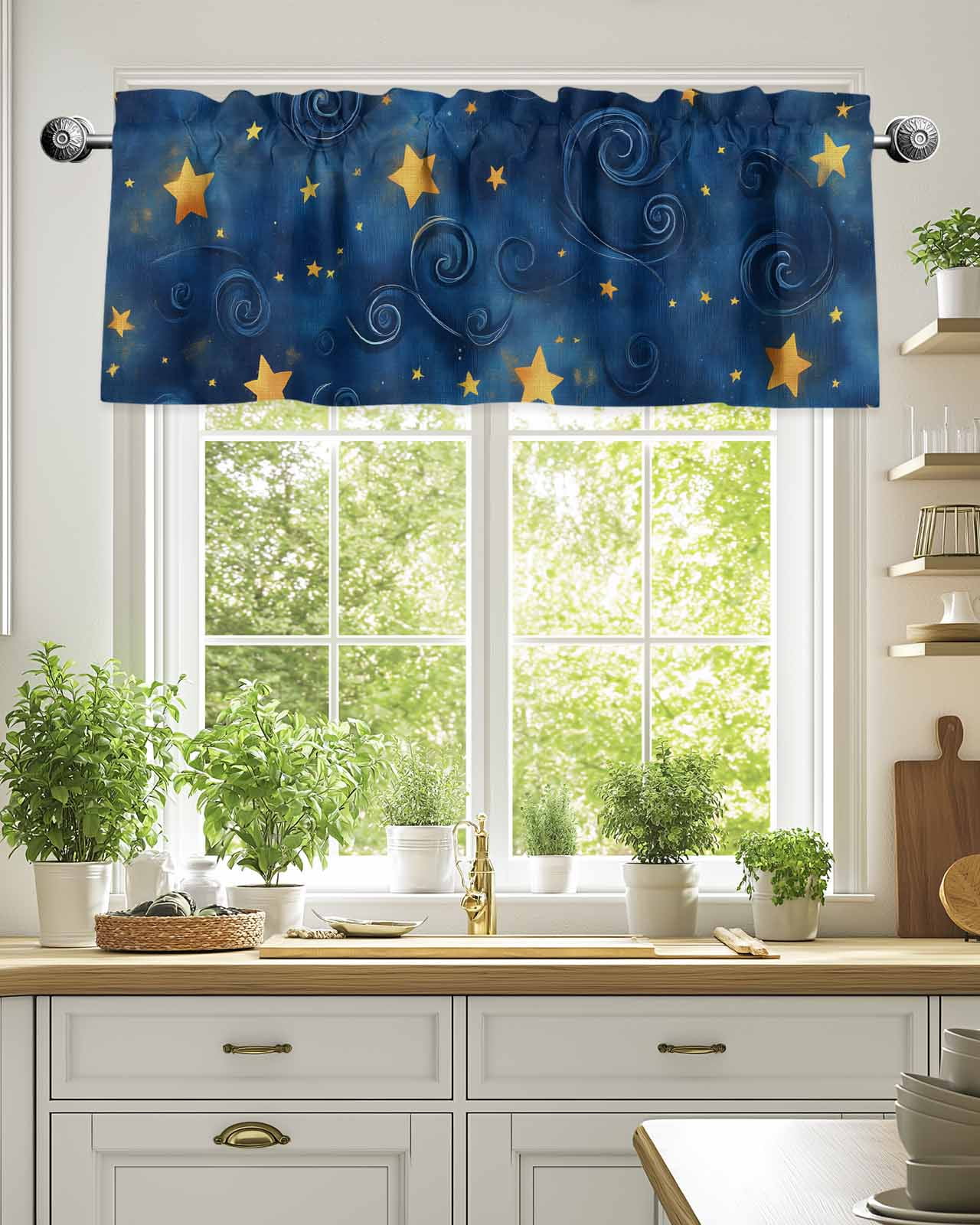 Gold Star Swirling on Dark Blue Valances for Windows,Kitchen Valance ...
