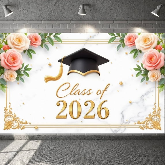 Gold Stars Graduation Banner Graduation Cap Class of 2026 Backdrop ...