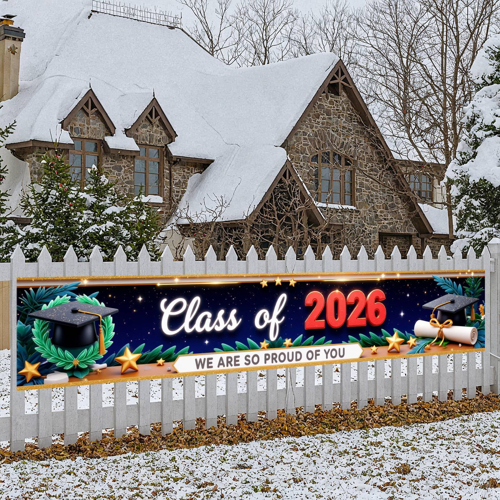 Gold Stars Graduation Banner Green Leaves Class of 2026 Banner ...
