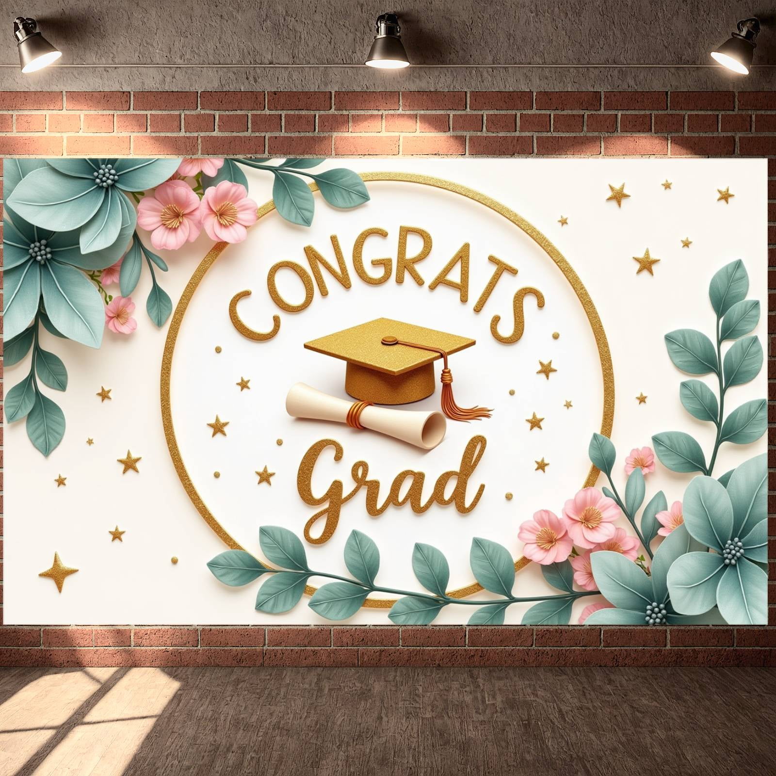 Gold Stars Graduation Banner Pink Flowers Congrats Backdrop Green ...