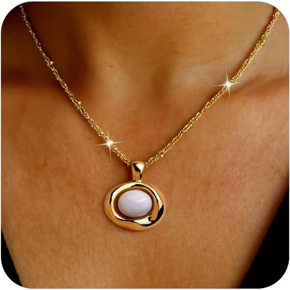 Gold Stone Pendant Necklaces for Women, Chunky Gemstone Dangle Necklace ...